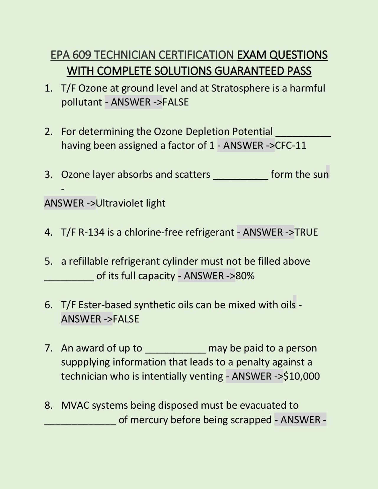 EPA 609 TECHNICIAN CERTIFICATION EXAM QUESTIONS WITH COMPLETE SOLUTIONS ...