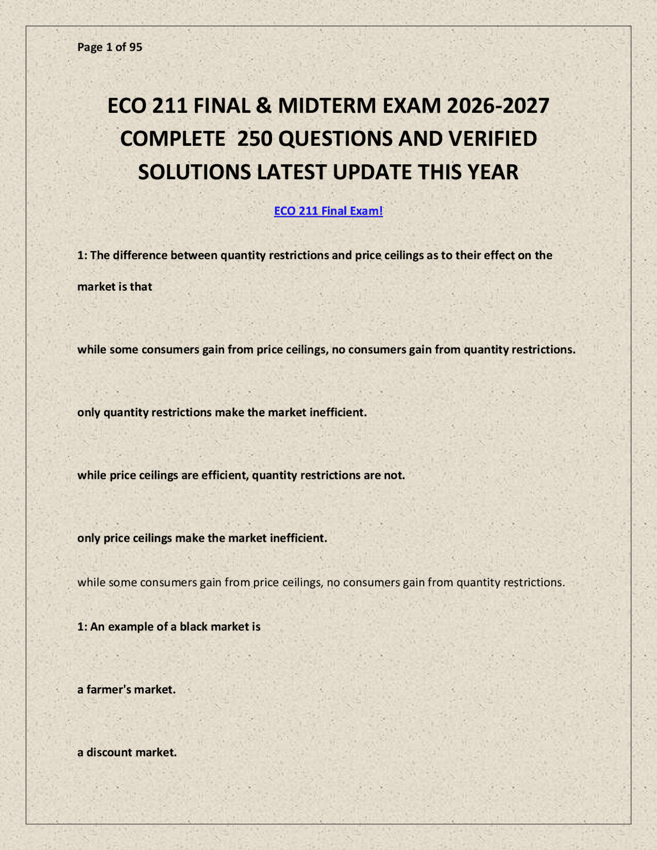 ECO 211 Final & Midterm Exam 2026-2027 – Complete 250 Questions and ...