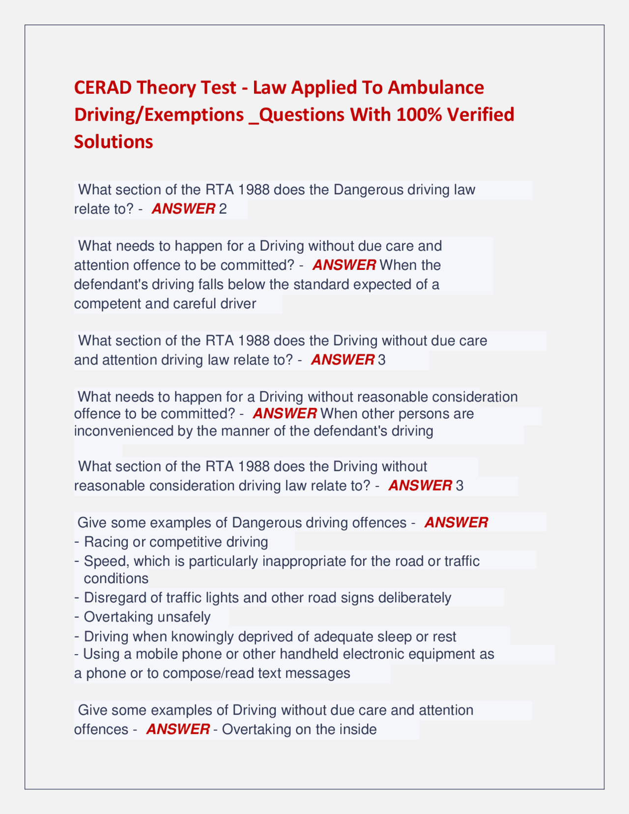 CERAD Theory Test - Law Applied To Ambulance Driving/Exemptions ...