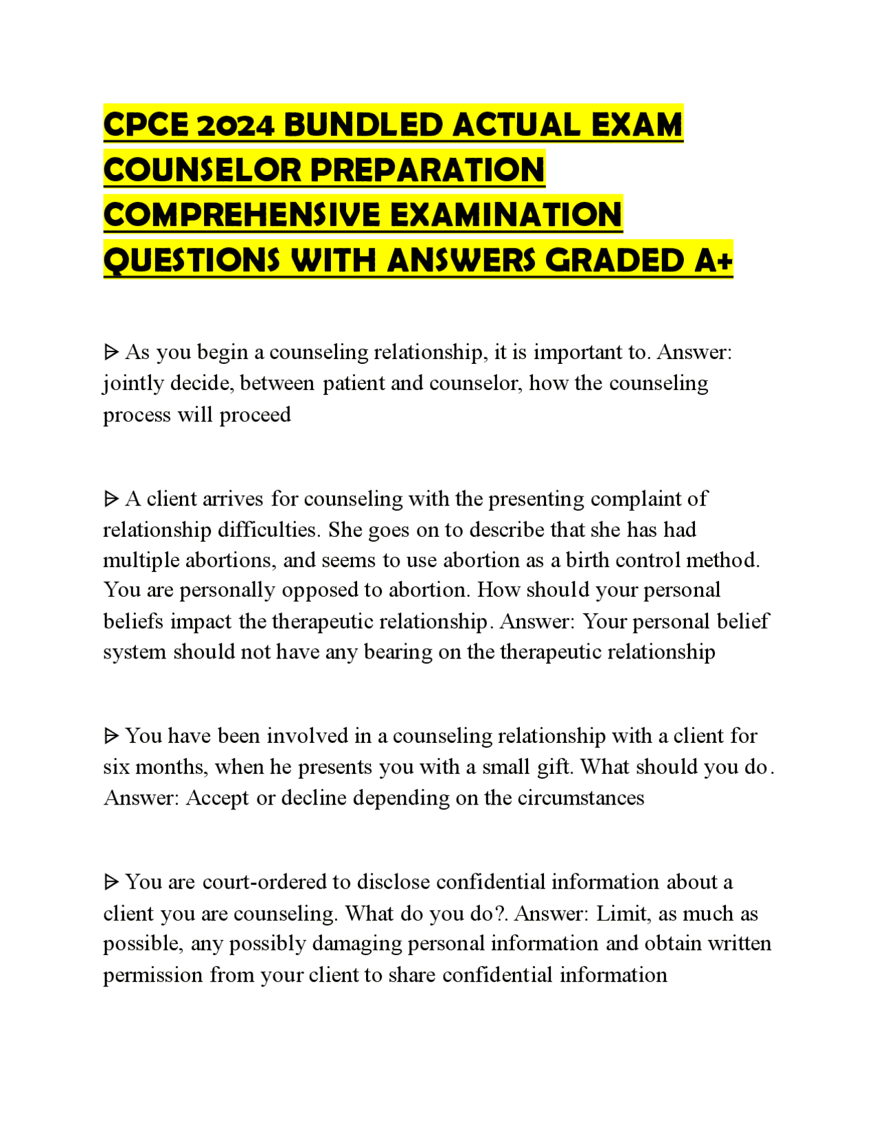 CPCE 2024 BUNDLED ACTUAL EXAM COUNSELOR PREPARATION COMPREHENSIVE ...