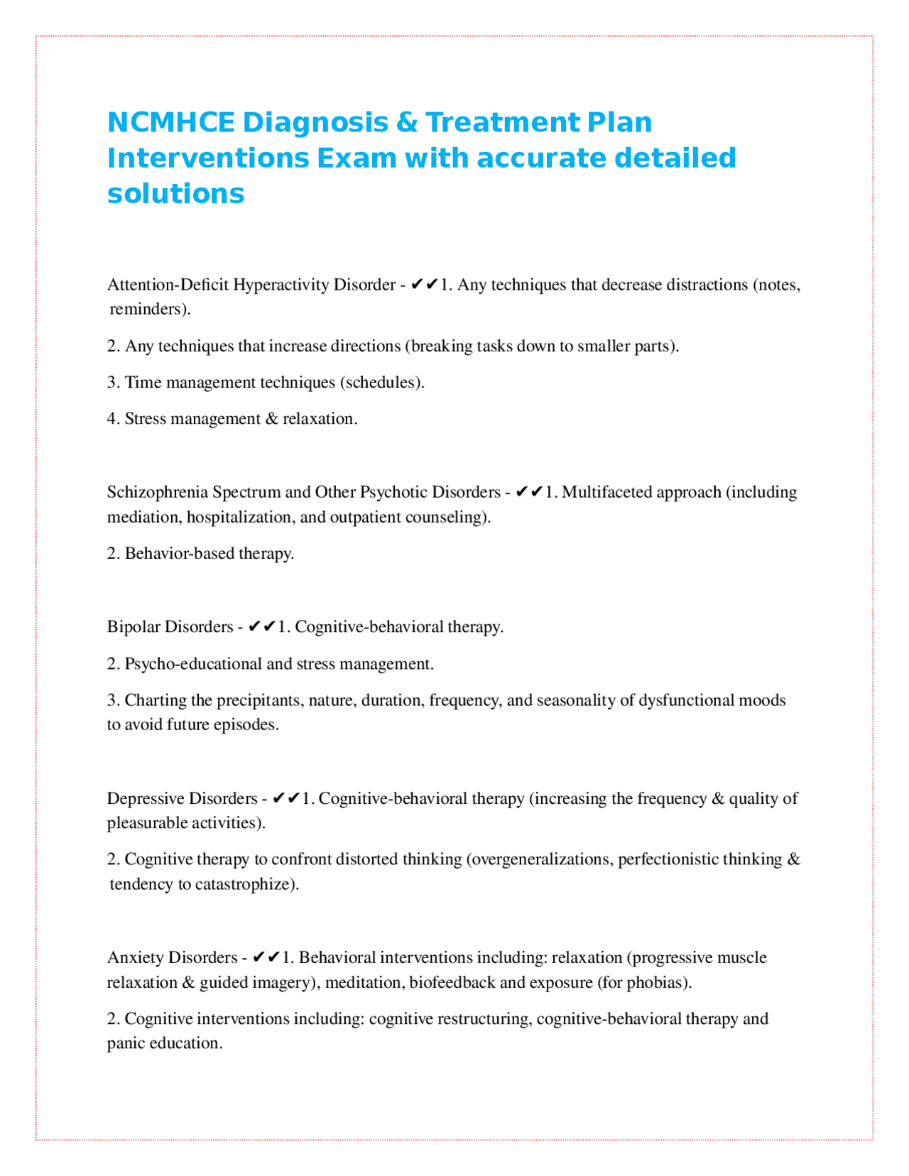 NCMHCE Diagnosis & Treatment Plan Interventions Exam with accurate ...