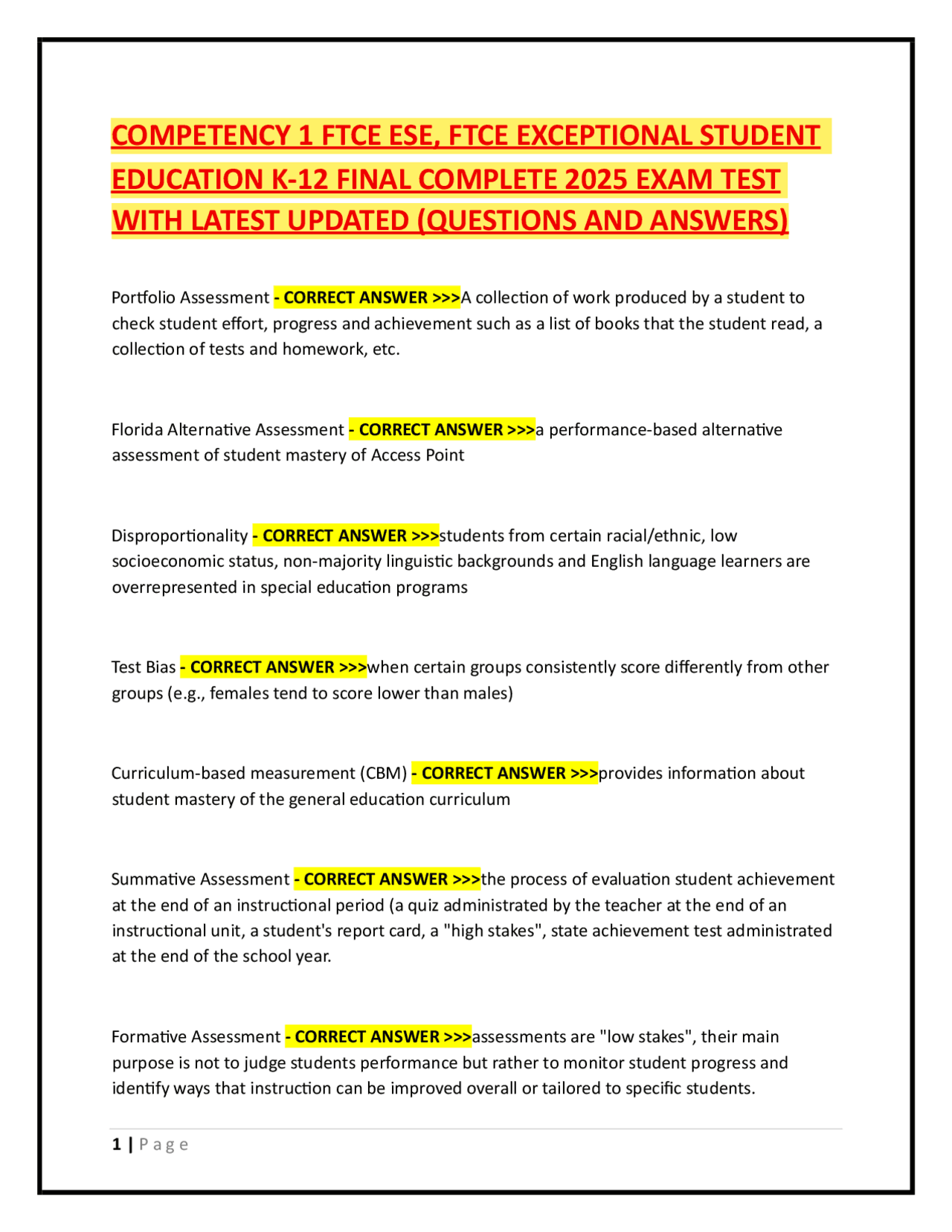 COMPETENCY 1 FTCE ESE, FTCE EXCEPTIONAL STUDENT EDUCATION K-12 FINAL ...