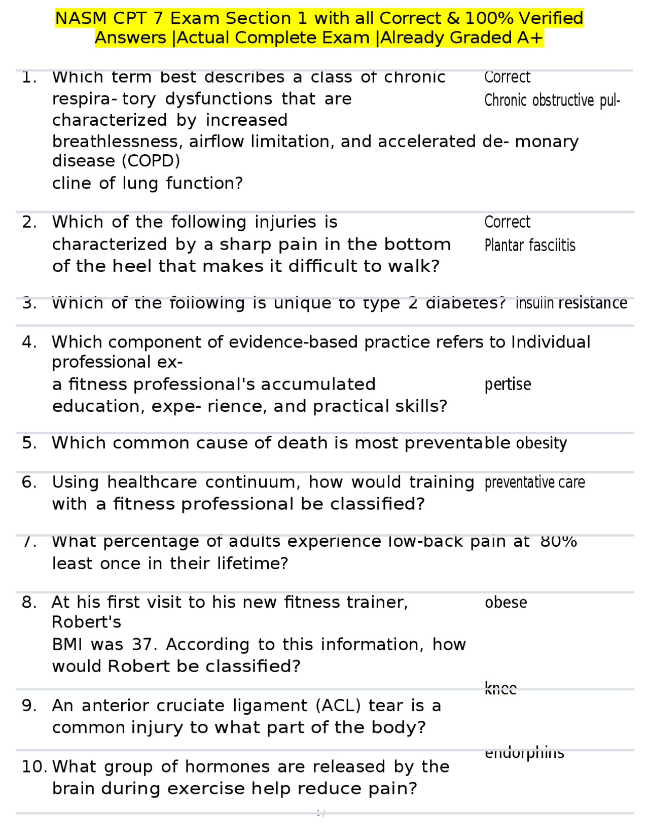 NASM CPT 7 Exam Section 1 with all Correct & 100% Verified Answers ...