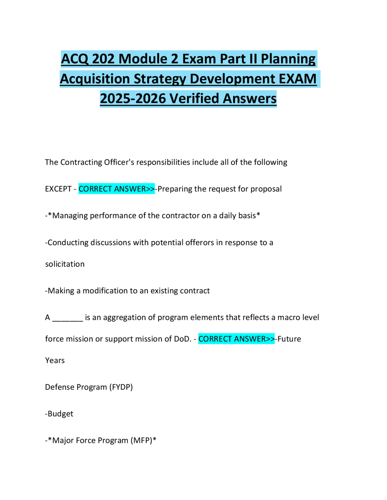 ACQ 202 Module 2 Exam Part II Planning Acquisition Strategy Development ...