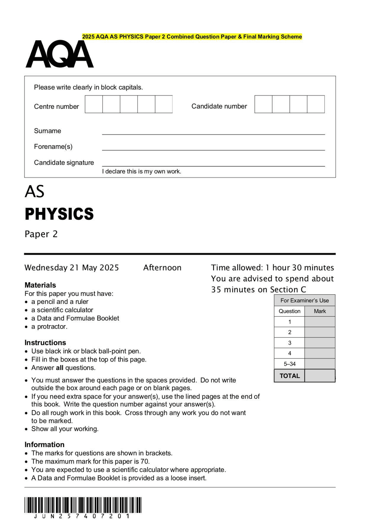 2025 AQA AS PHYSICS Paper 2 Combined Question Paper & Final Marking ...