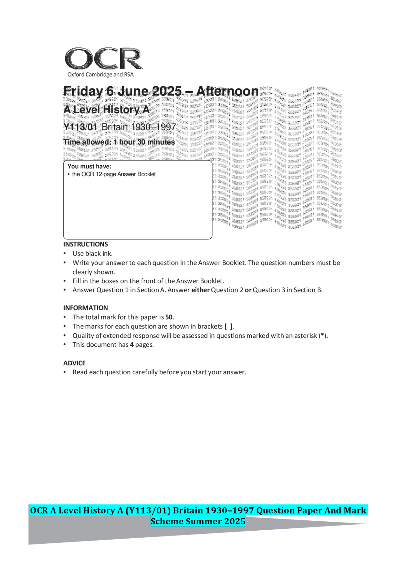 OCR A Level History A (Y113/01) Britain 1930–1997 Question Paper And MS ...