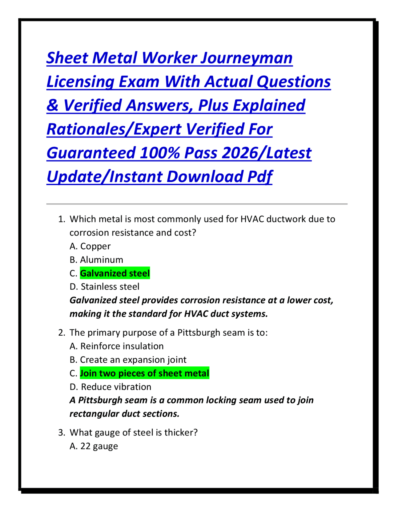 Sheet Metal Worker Journeyman Licensing Exam With Actual Questions ...