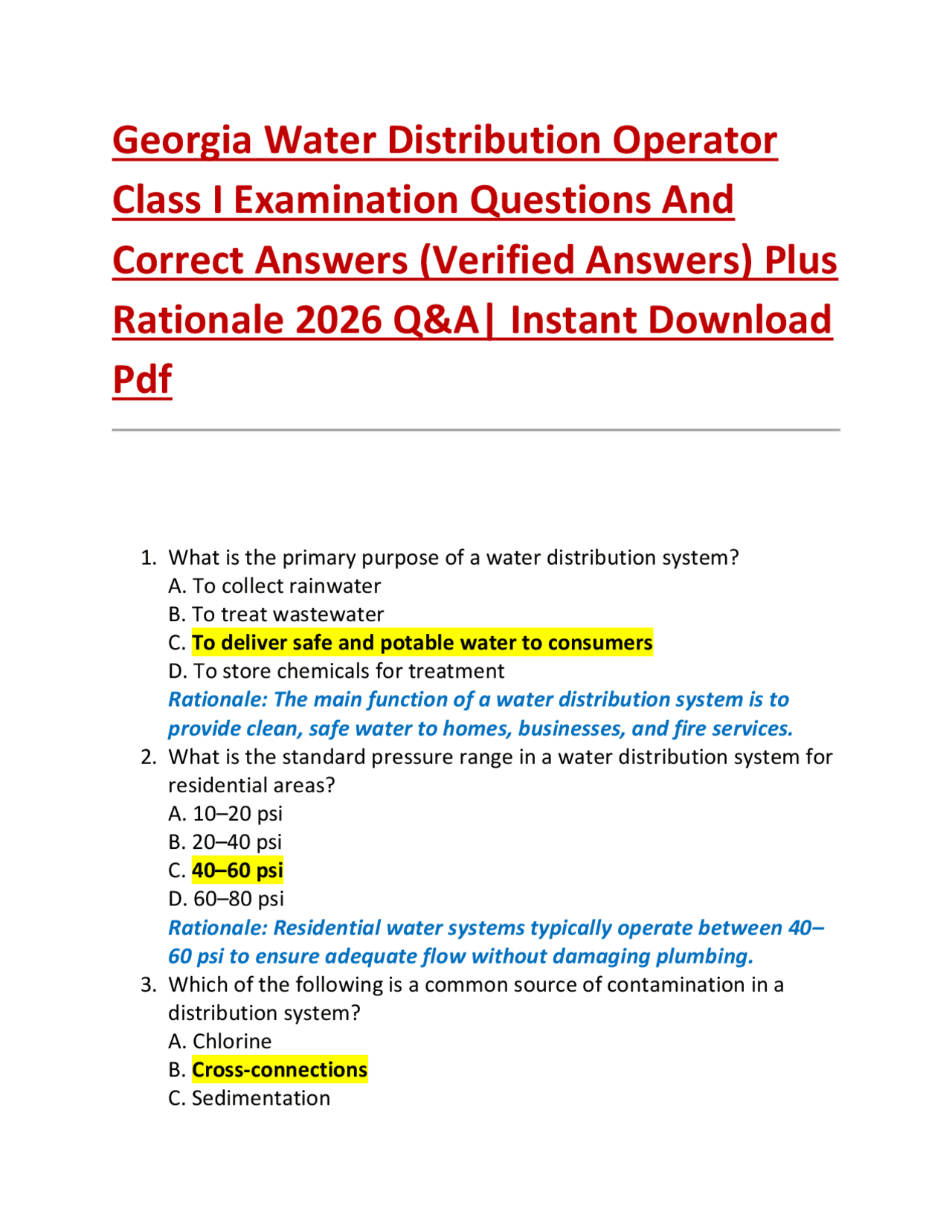 Georgia Water Distribution Operator Class I Examination Questions And ...