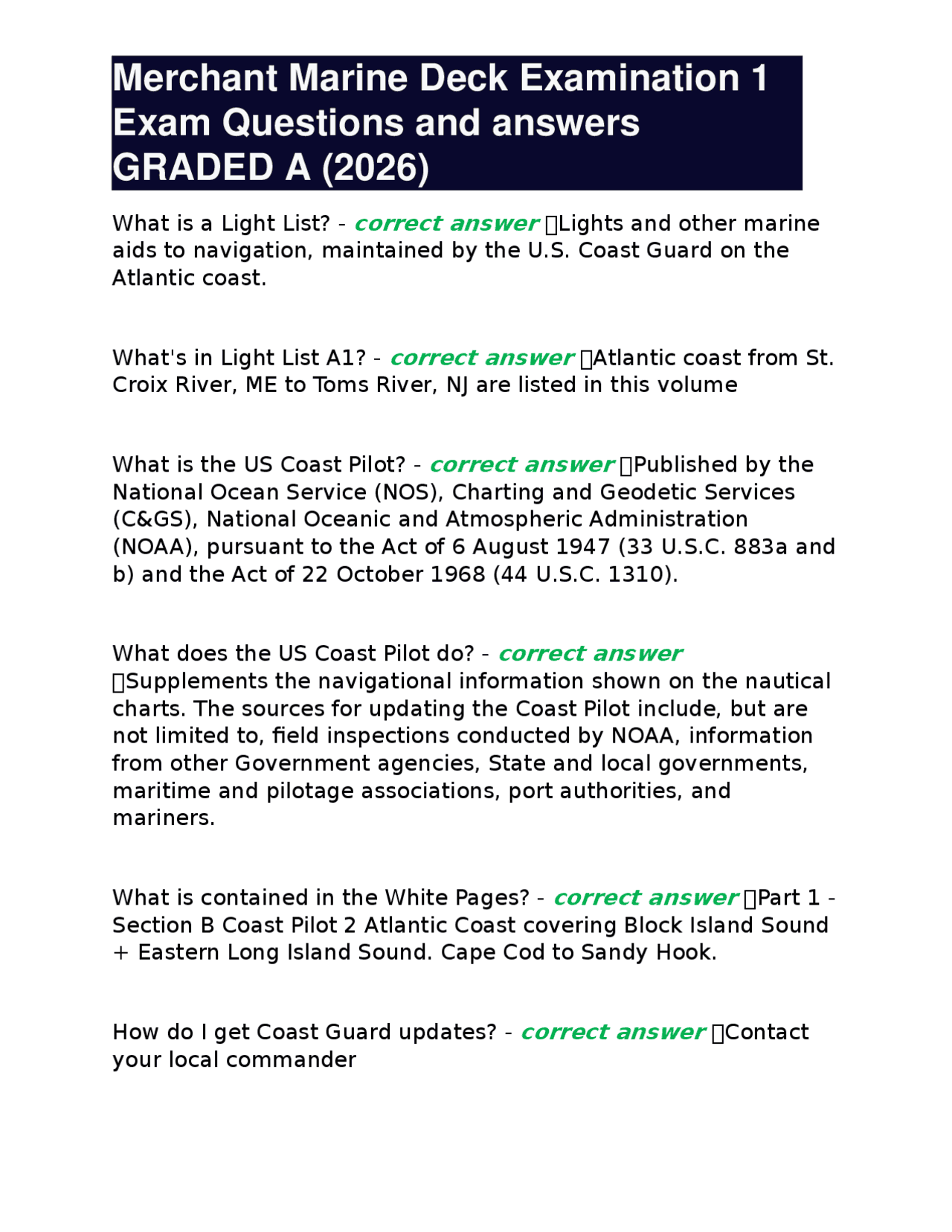 Merchant Marine Deck Examination 1 Exam Questions and answers GRADED A ...