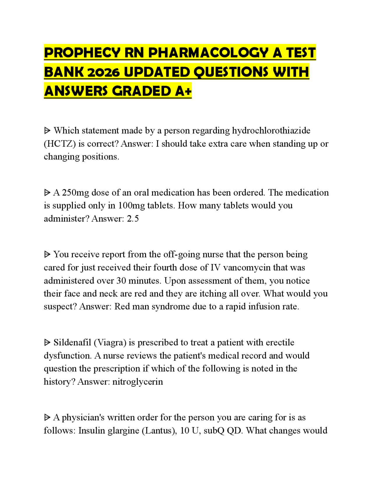PROPHECY RN PHARMACOLOGY A TEST BANK 2026 UPDATED QUESTIONS WITH ...