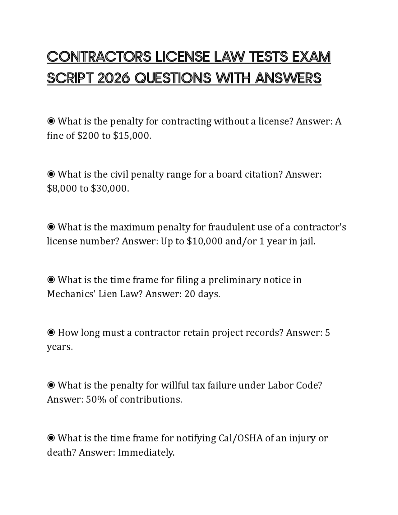 CONTRACTORS LICENSE LAW TESTS ACTUAL EXAM PAPER 2026 QUESTIONS WITH ...