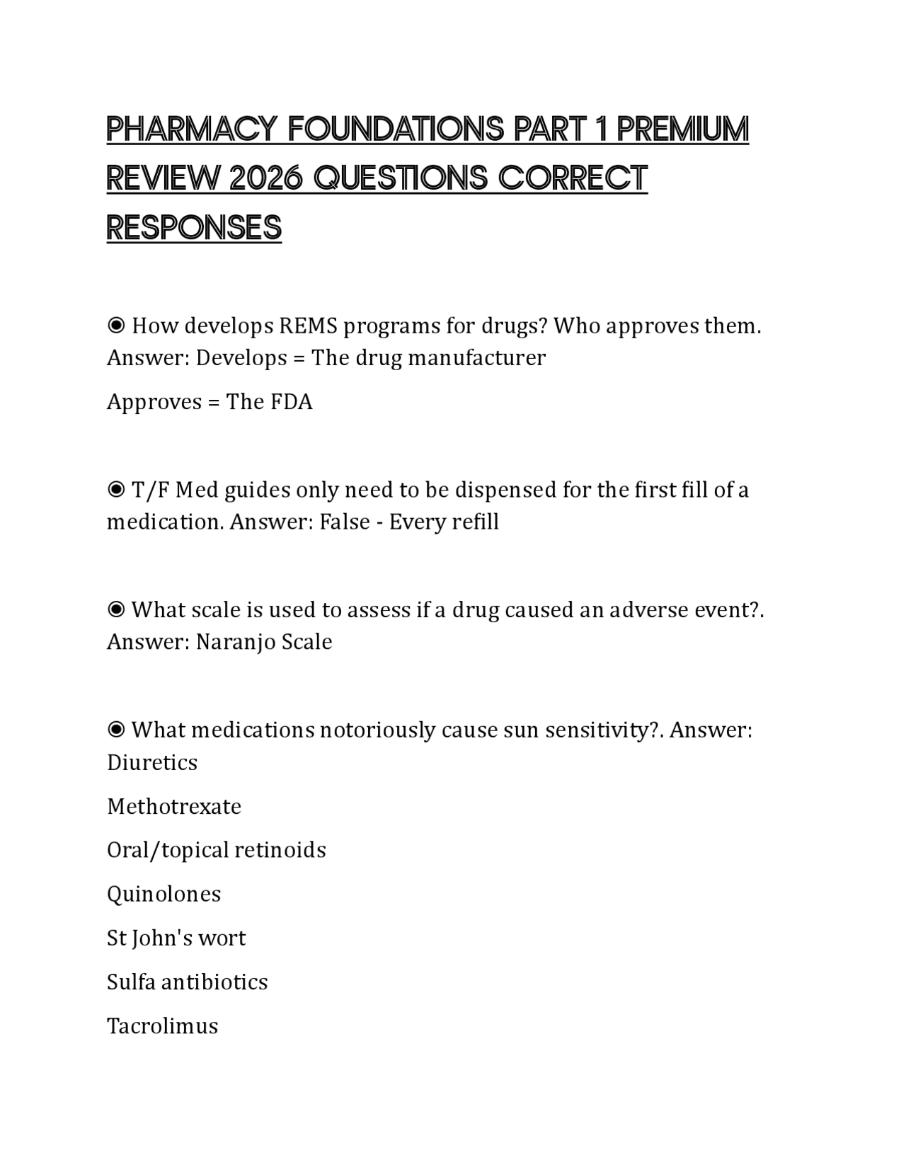 PHARMACY FOUNDATIONS PART 1 PREMIUM REVIEW 2026 QUESTIONS CORRECT ...