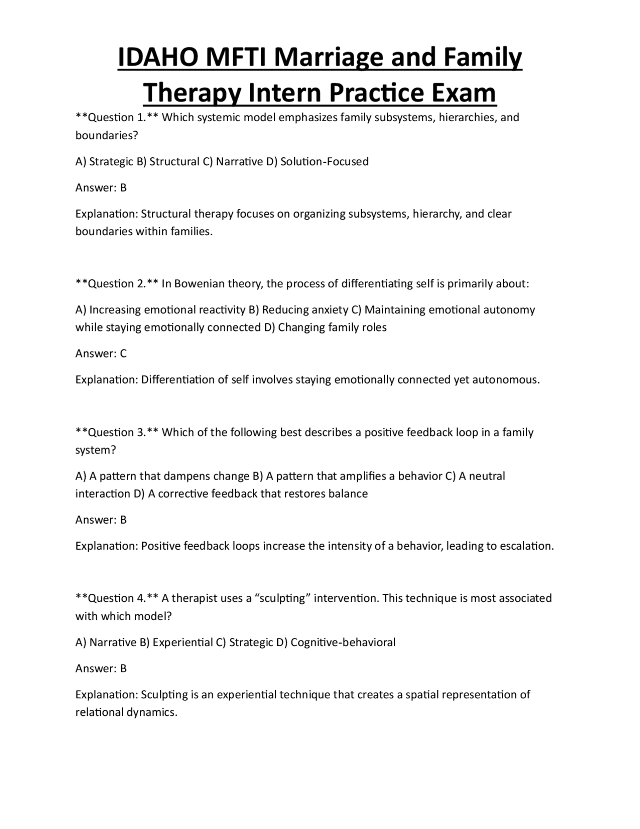 IDAHO MFTI Marriage and Family Therapy Intern Practice Exam | Exams ...