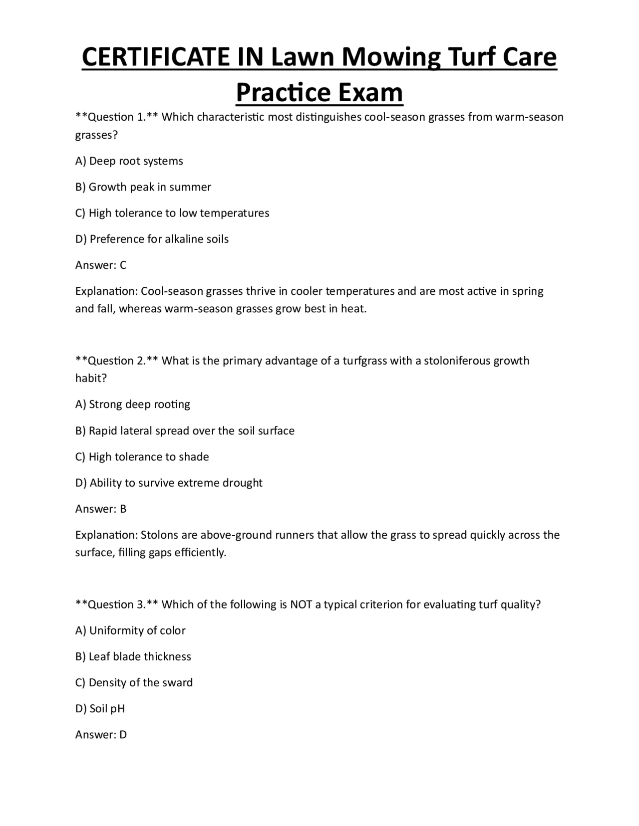 CERTIFICATE IN Lawn Mowing Turf Care Practice Exam | Exams Technology ...
