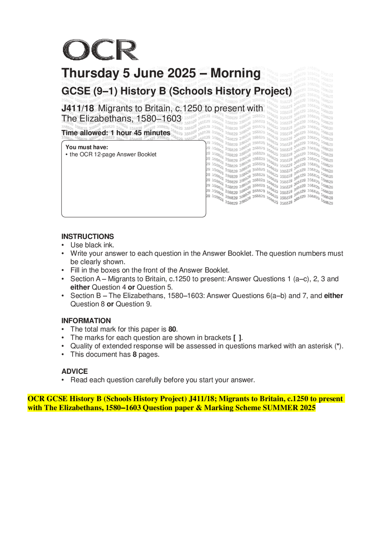 OCR GCSE History B (Schools History Project) J411/18; QP & MS SUMMER ...