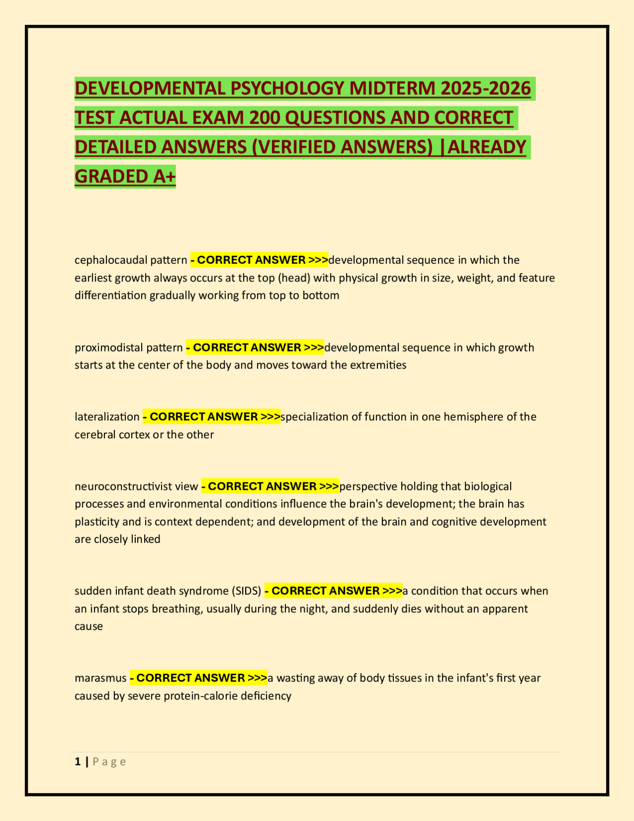 DEVELOPMENTAL PSYCHOLOGY MIDTERM 2025-2026 TEST ACTUAL EXAM 200 ...