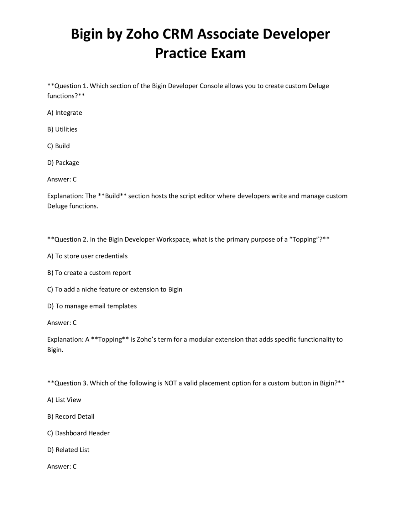 Bigin by Zoho CRM Associate Developer Practice Exam | Exams Technology ...