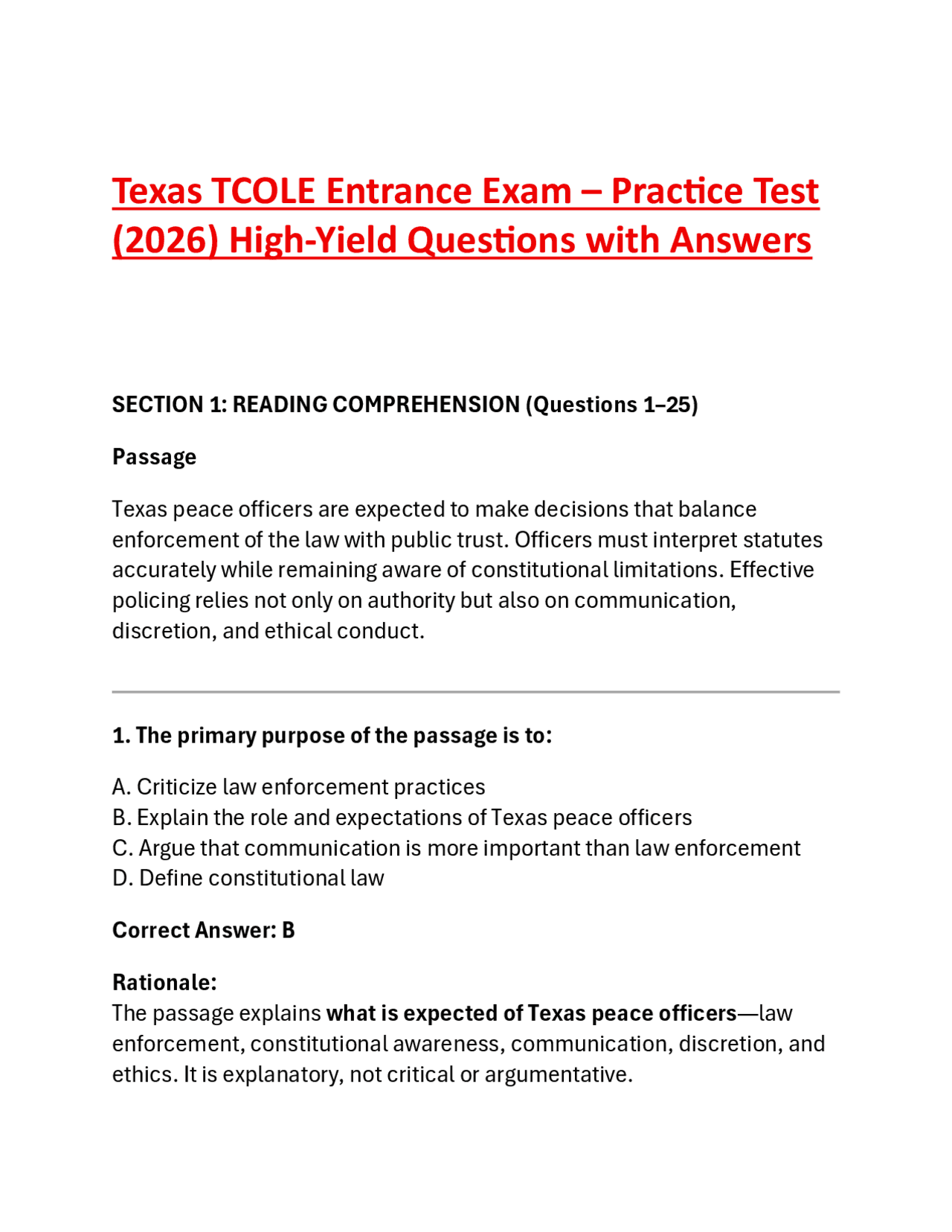 Texas TCOLE Entrance Exam – Practice Test (2026) High-Yield Questions ...