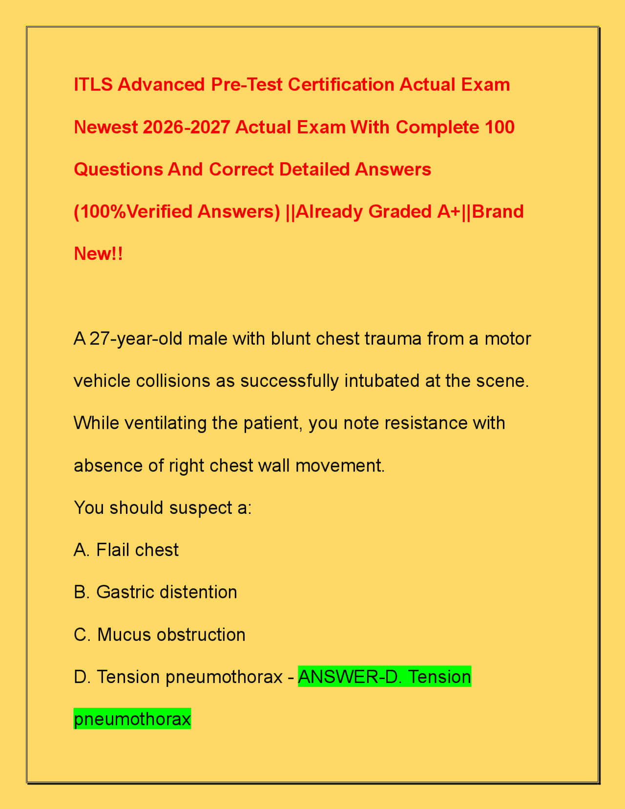 ITLS Advanced Pre-Test Certification Actual Exam Newest 2026-2027 ...