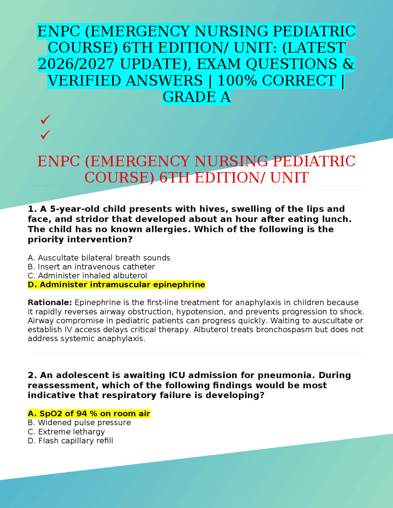 ENPC (EMERGENCY NURSING PEDIATRIC COURSE) 6TH EDITION/ UNIT: (LATEST ...