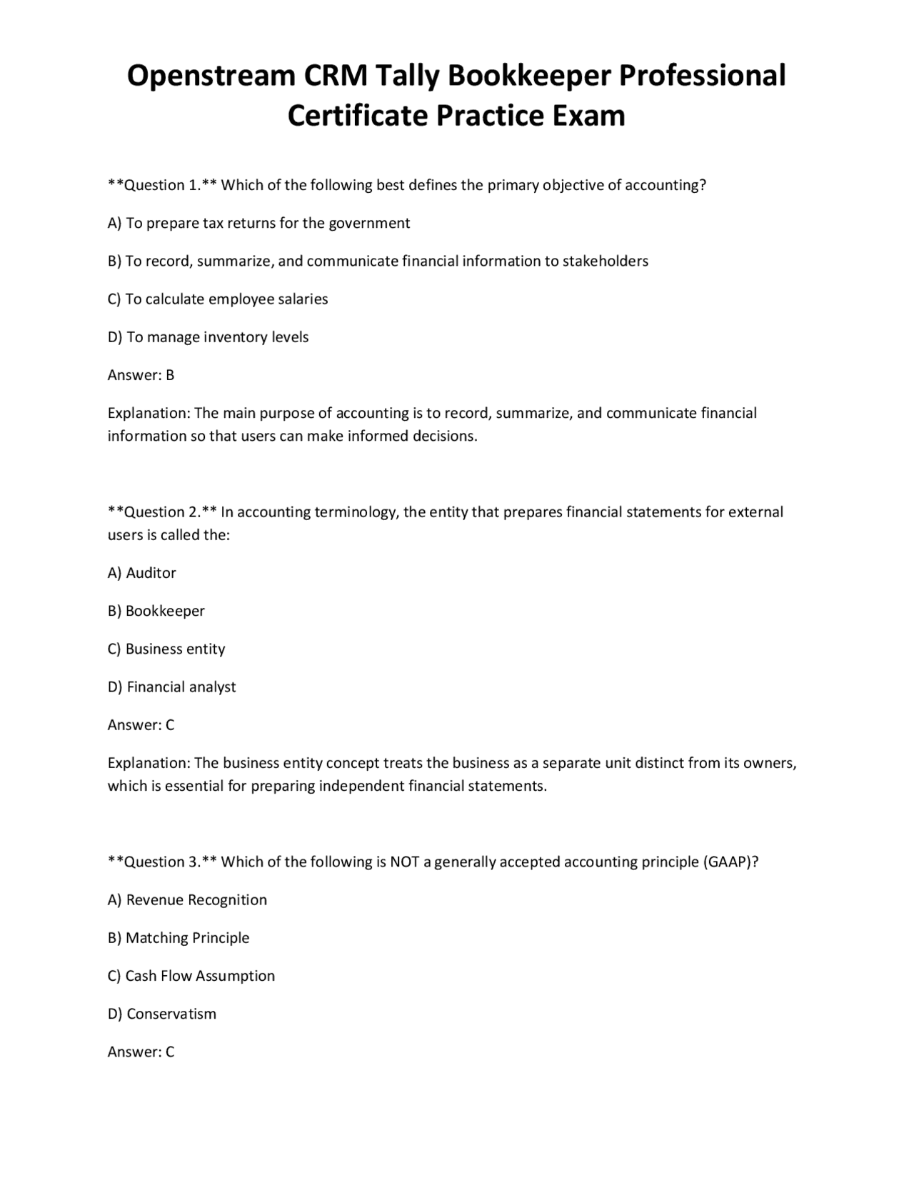 Openstream CRM Tally Bookkeeper Professional Certificate Practice Exam ...