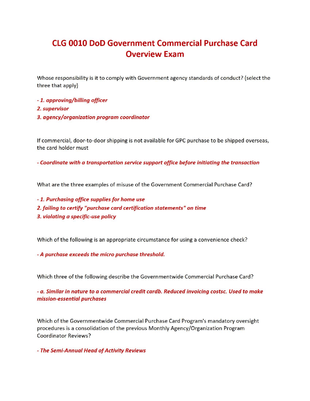 CLG 0010 DoD Government Commercial Purchase Card Overview Exam with ...