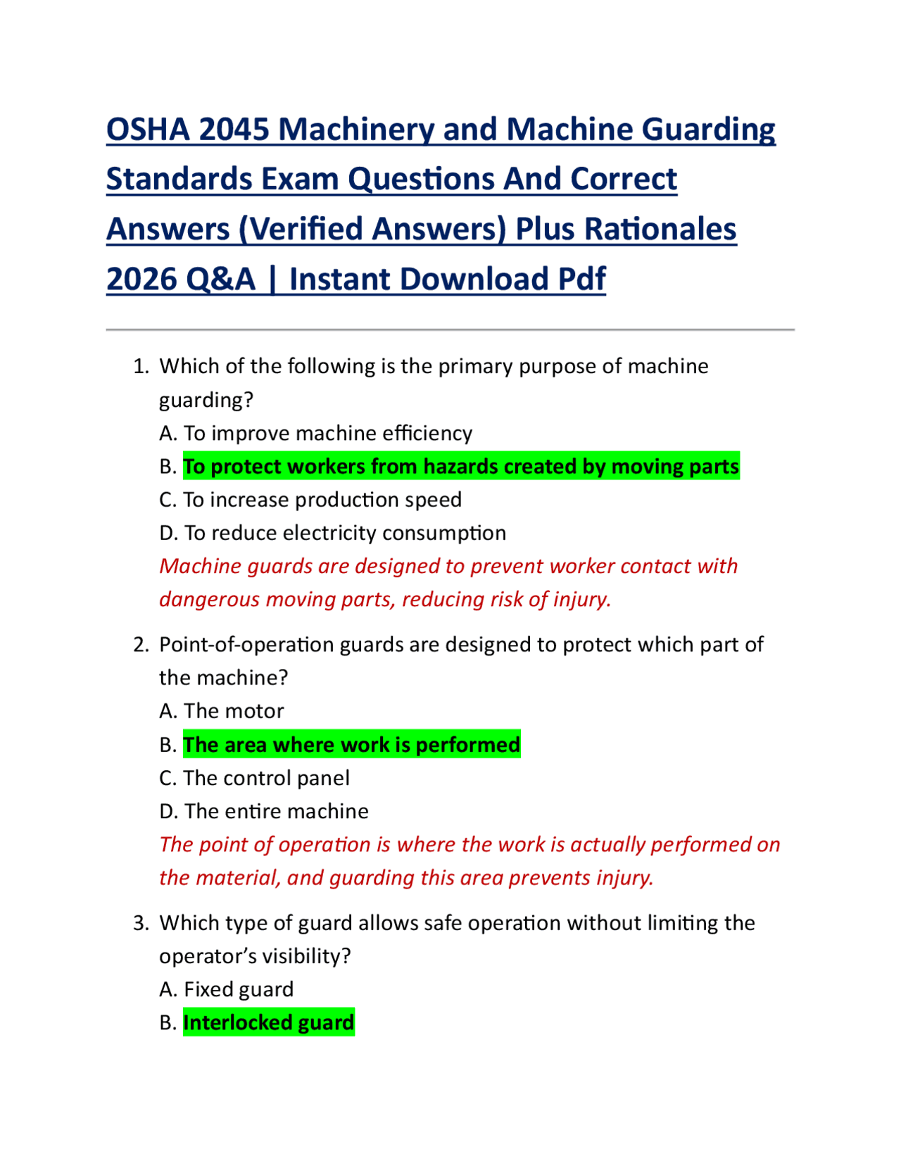 OSHA 2045 Machinery and Machine Guarding Standards Exam Questions And ...