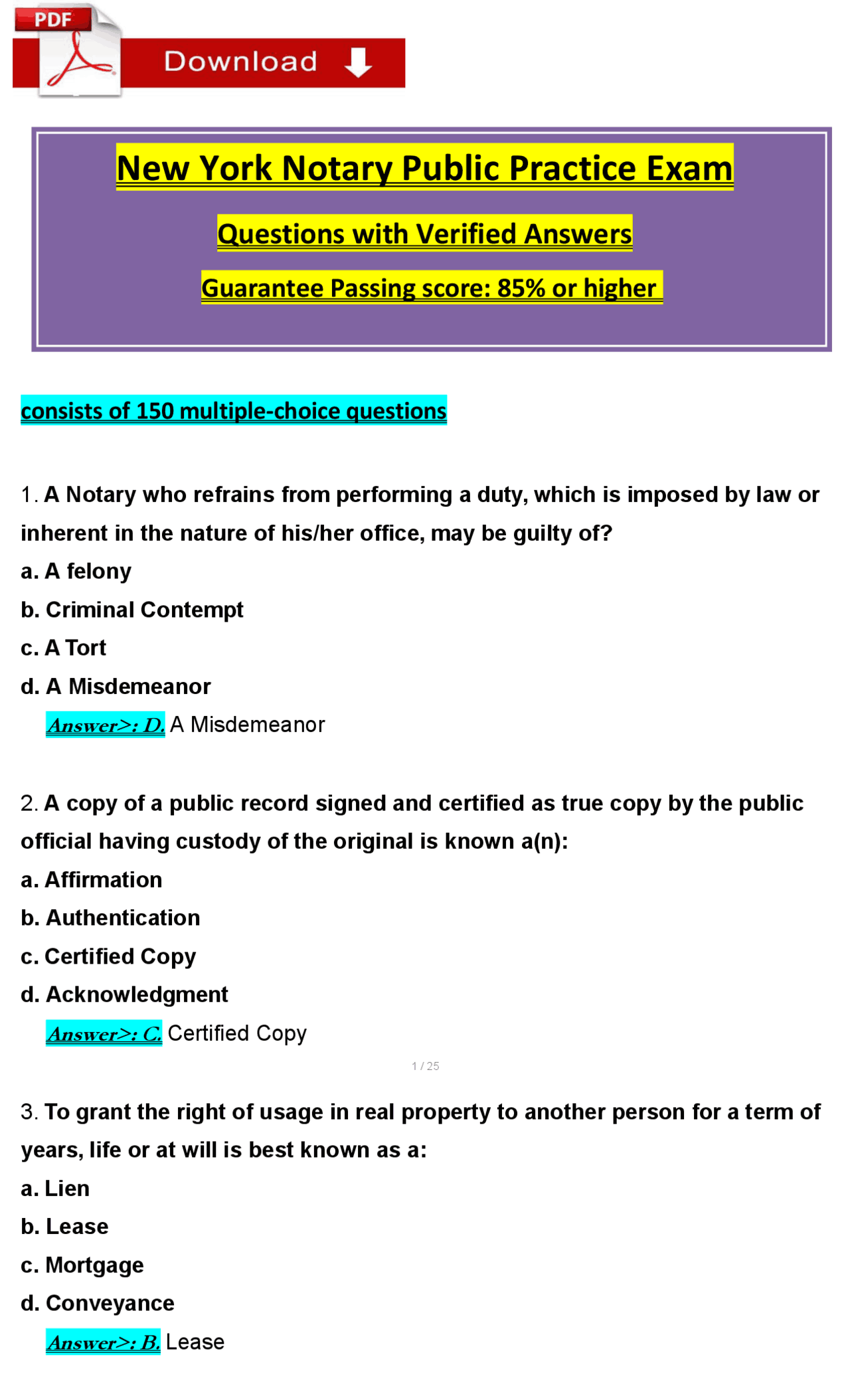 New York Notary Public Practice Test - 150 Questions & Answers PDF ...