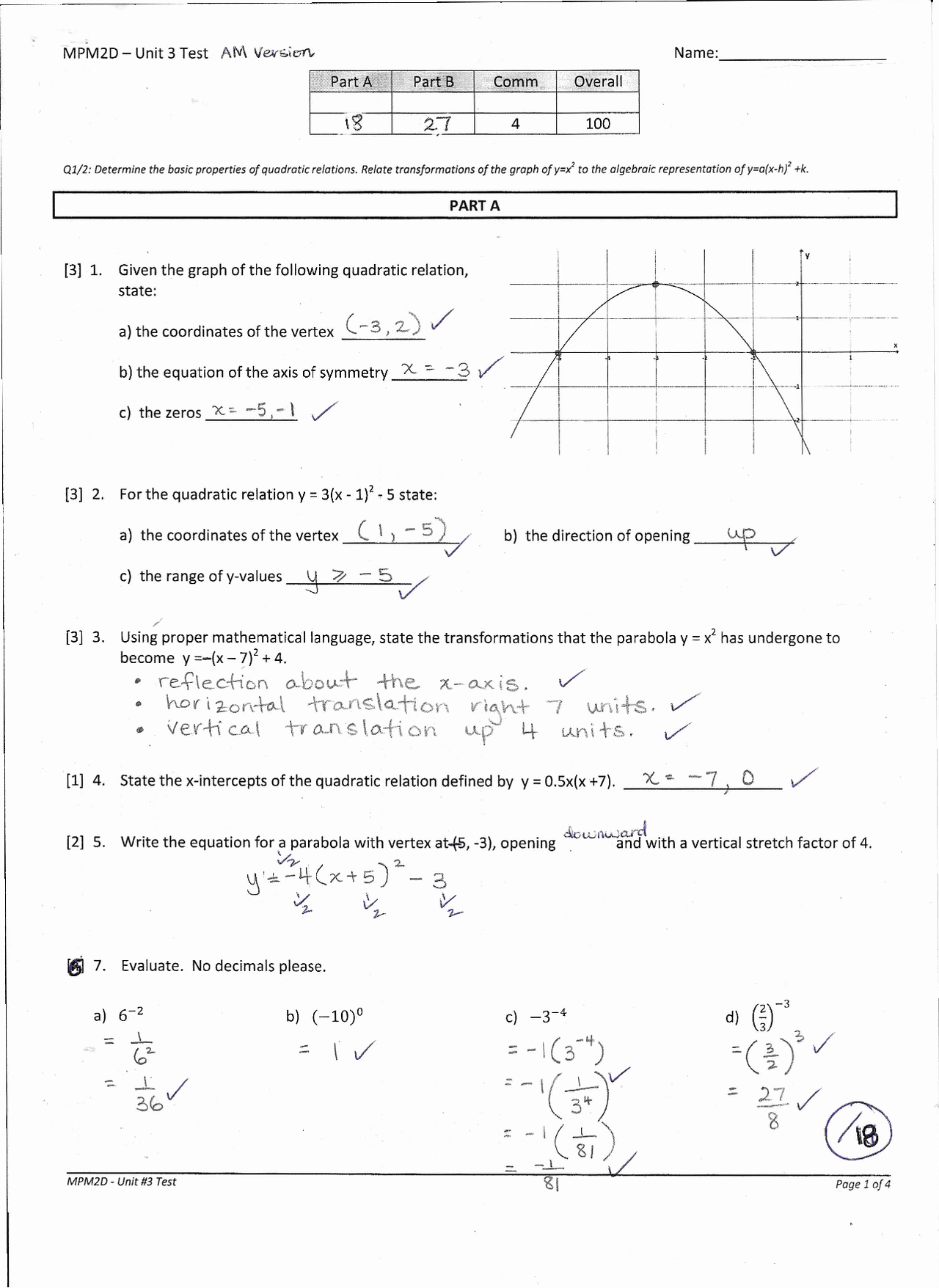 MPM2D- Unit 3 Test AM Version: 2025 Review Set Problem & Solutions ...