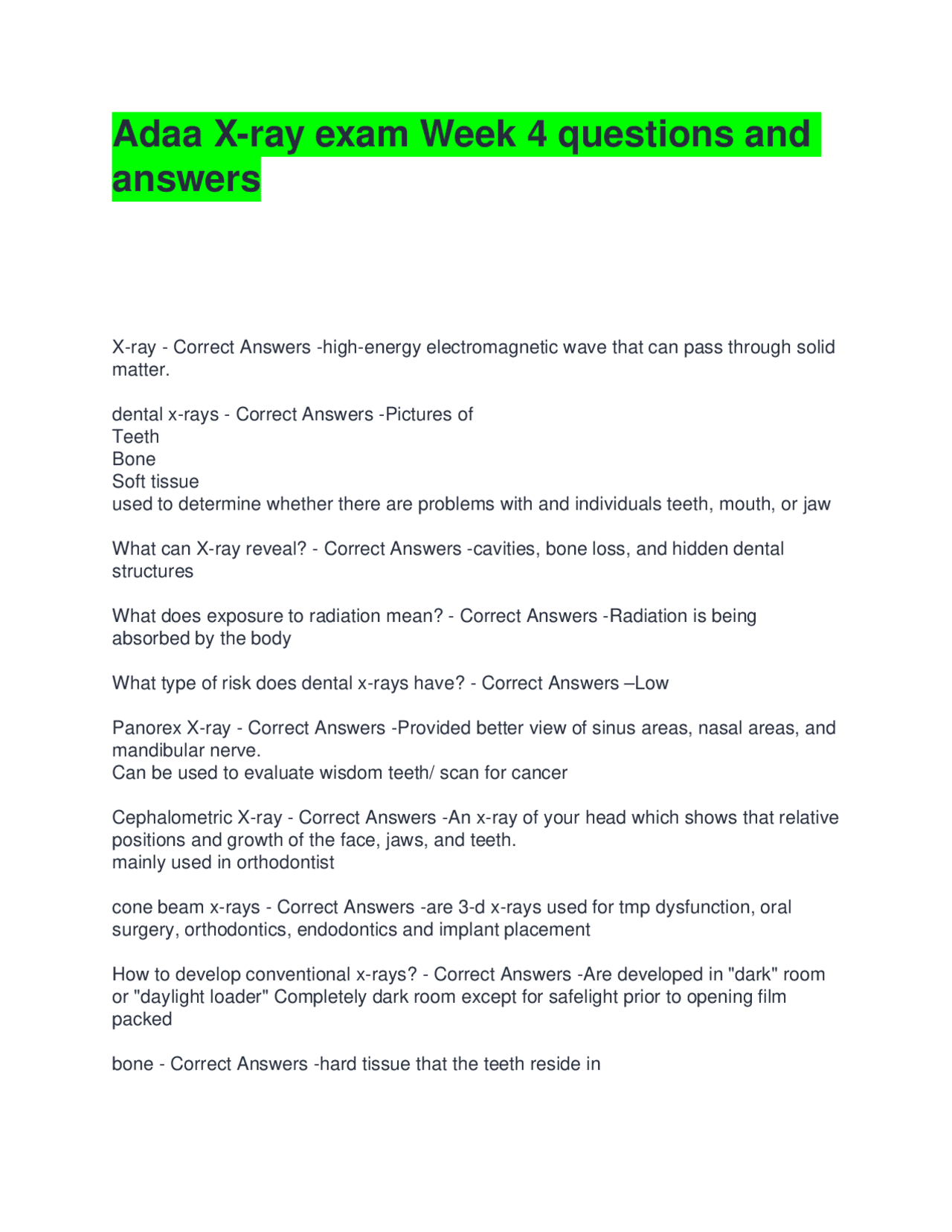 Adaa X-ray exam Week 4 questions and answers | Exams Advanced Education ...