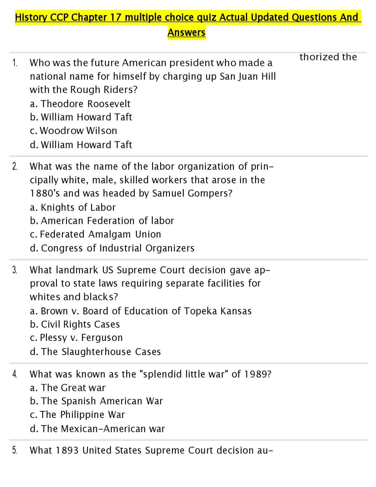 History CCP Chapter 17 multiple choice quiz Actual Updated Questions ...