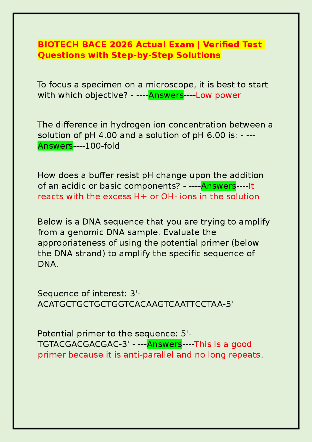 BIOTECH BACE 2026 Actual Exam | Verified Test Questions with Step-by ...