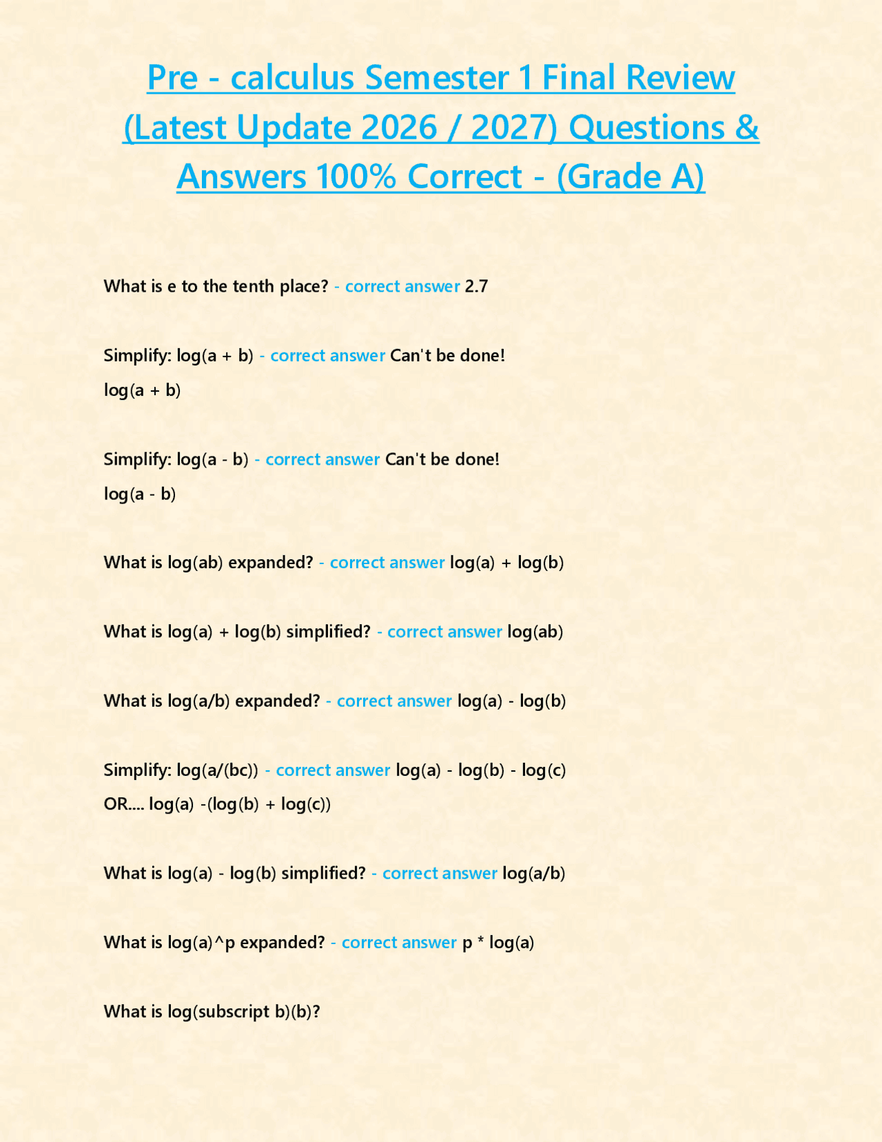 Pre - calculus Semester 1 Final Review (Latest Update 2026 / 2027 ...
