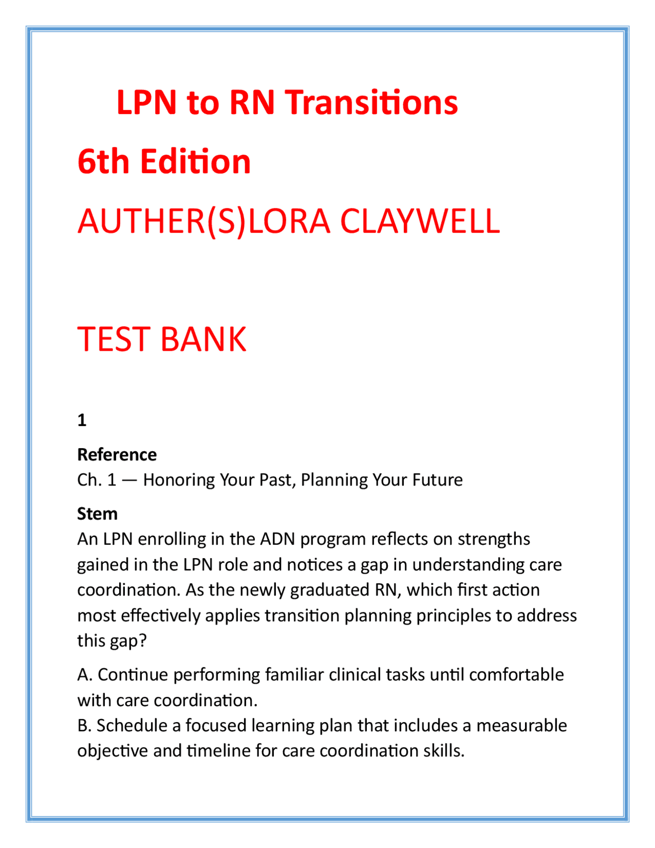 LPN to RN Transitions Test Bank (Claywell 6th Ed) — NCLEX-Style RN Role ...