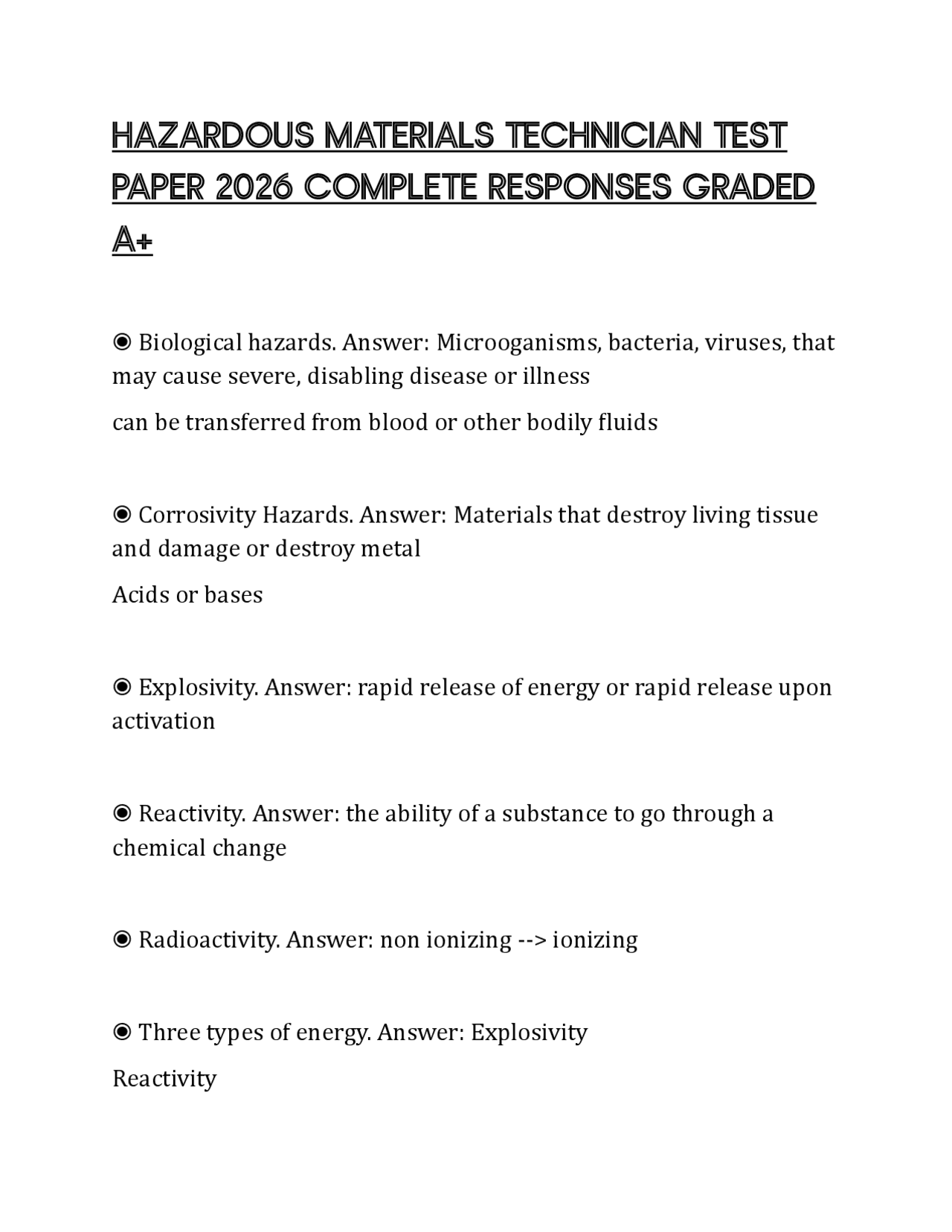 HAZARDOUS MATERIALS TECHNICIAN TEST PAPER 2026 COMPLETE RESPONSES ...