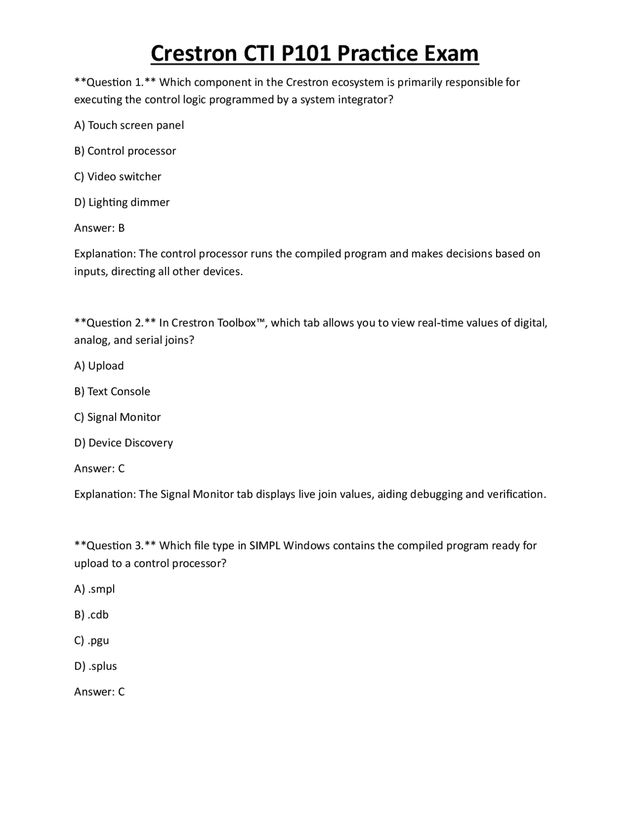 Crestron CTI P101 Practice Exam | Exams Technology | Docsity