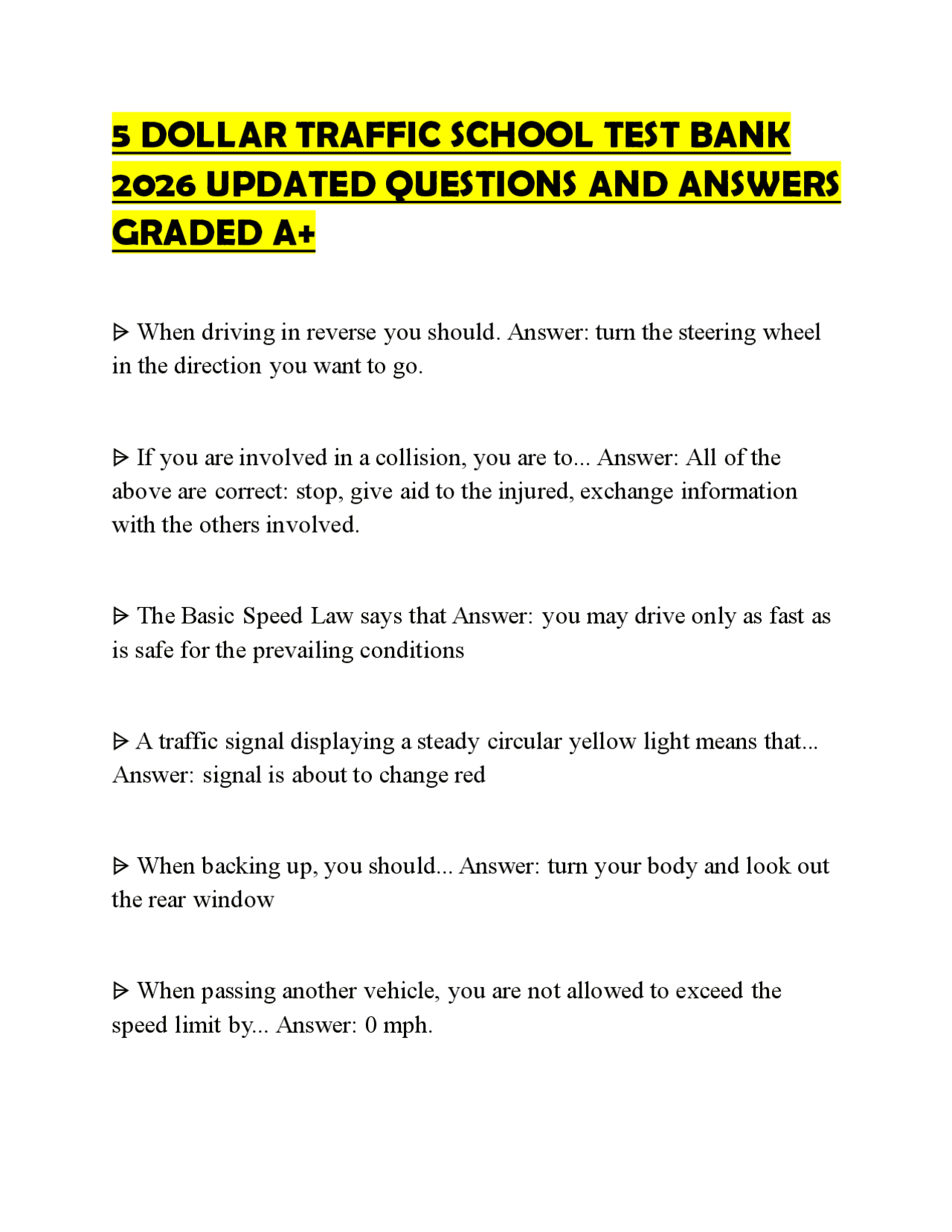 5 DOLLAR TRAFFIC SCHOOL TEST BANK 2026 UPDATED QUESTIONS AND ANSWERS ...