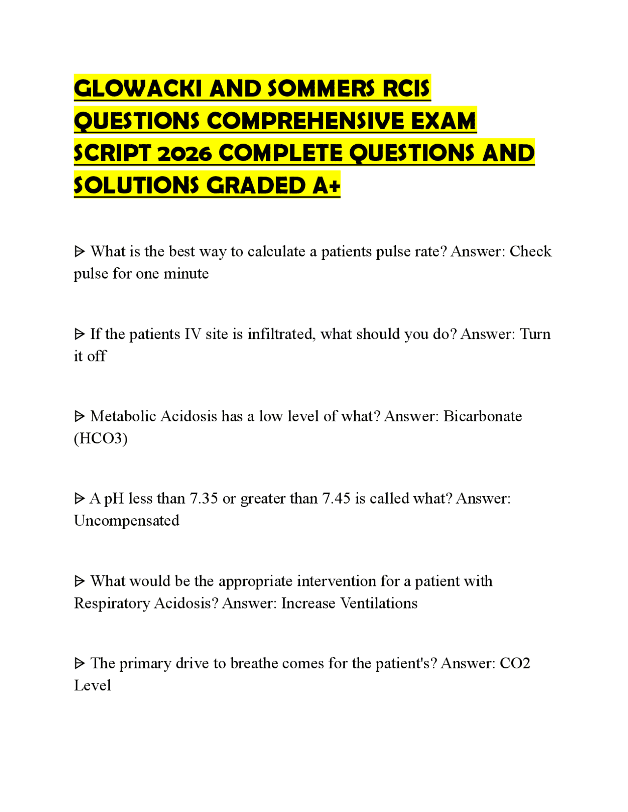 GLOWACKI AND SOMMERS RCIS QUESTIONS COMPREHENSIVE EXAM SCRIPT 2026 ...