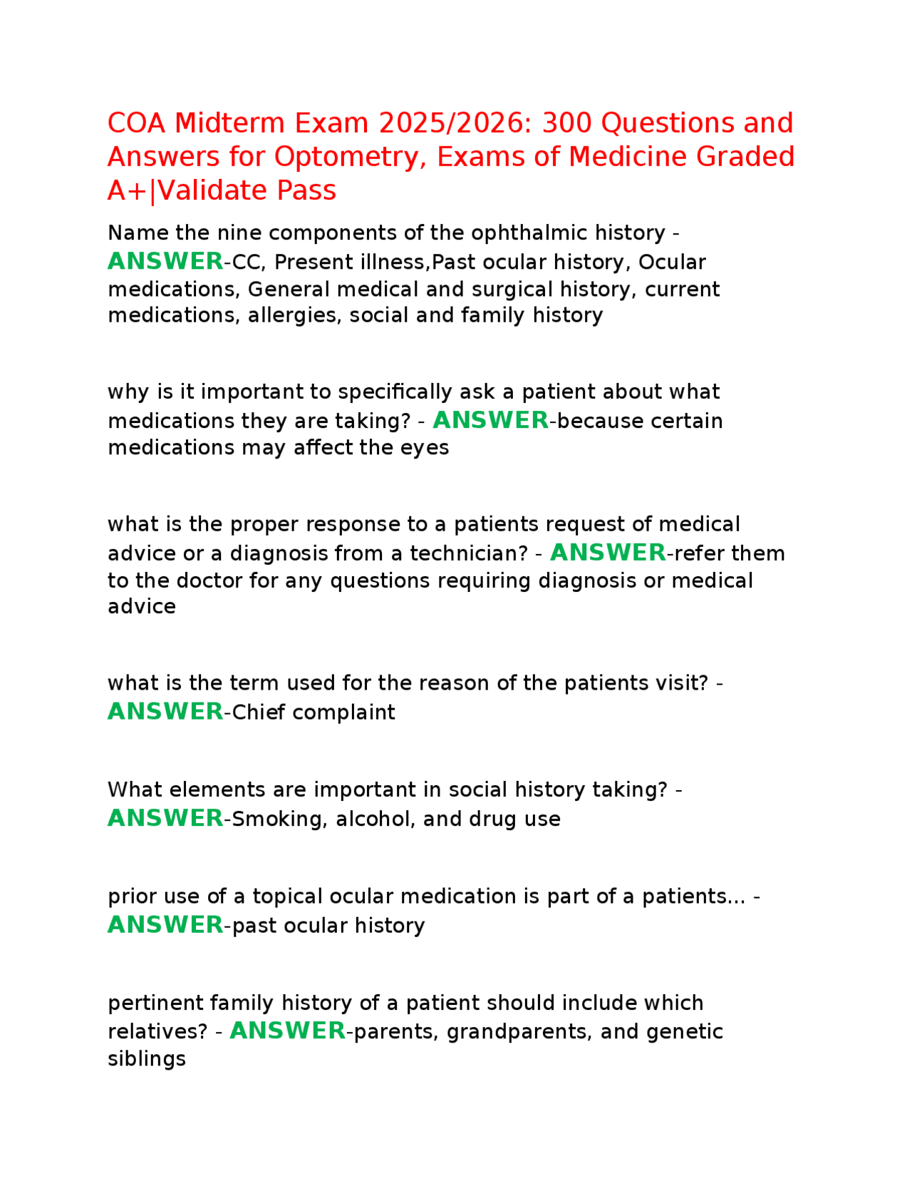 COA Midterm Exam 2025/2026: 300 Questions and Answers for Optometry ...
