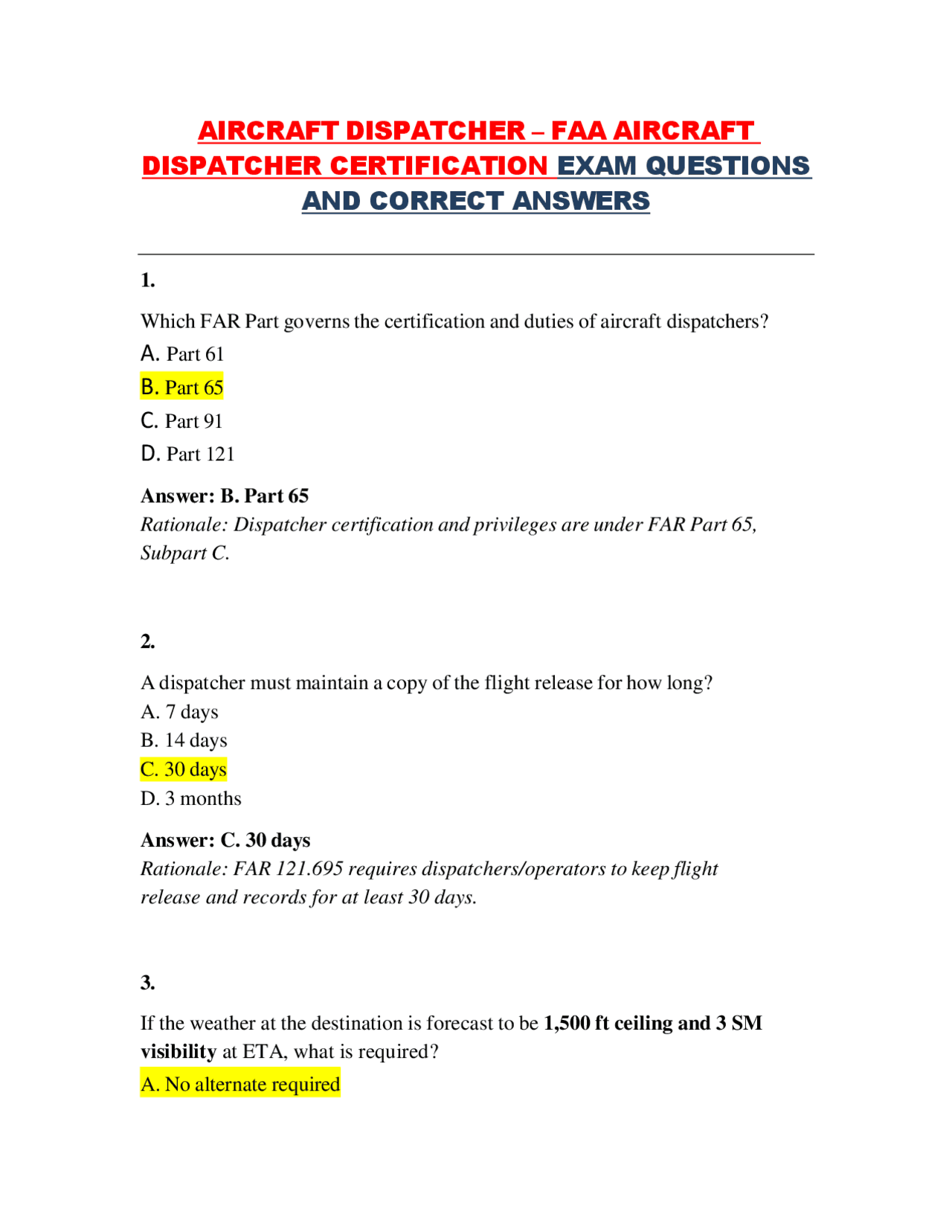 FAA Aircraft Dispatcher Certification Exam – Practice Questions with ...