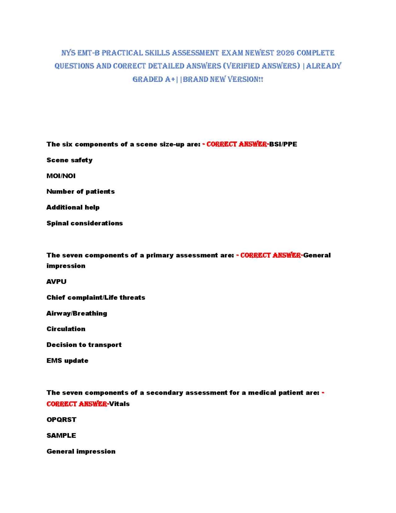 NYS EMT-B PracTical SkillS aSSESSMENT ExaM NEWEST 2026 cOMPlETE ...