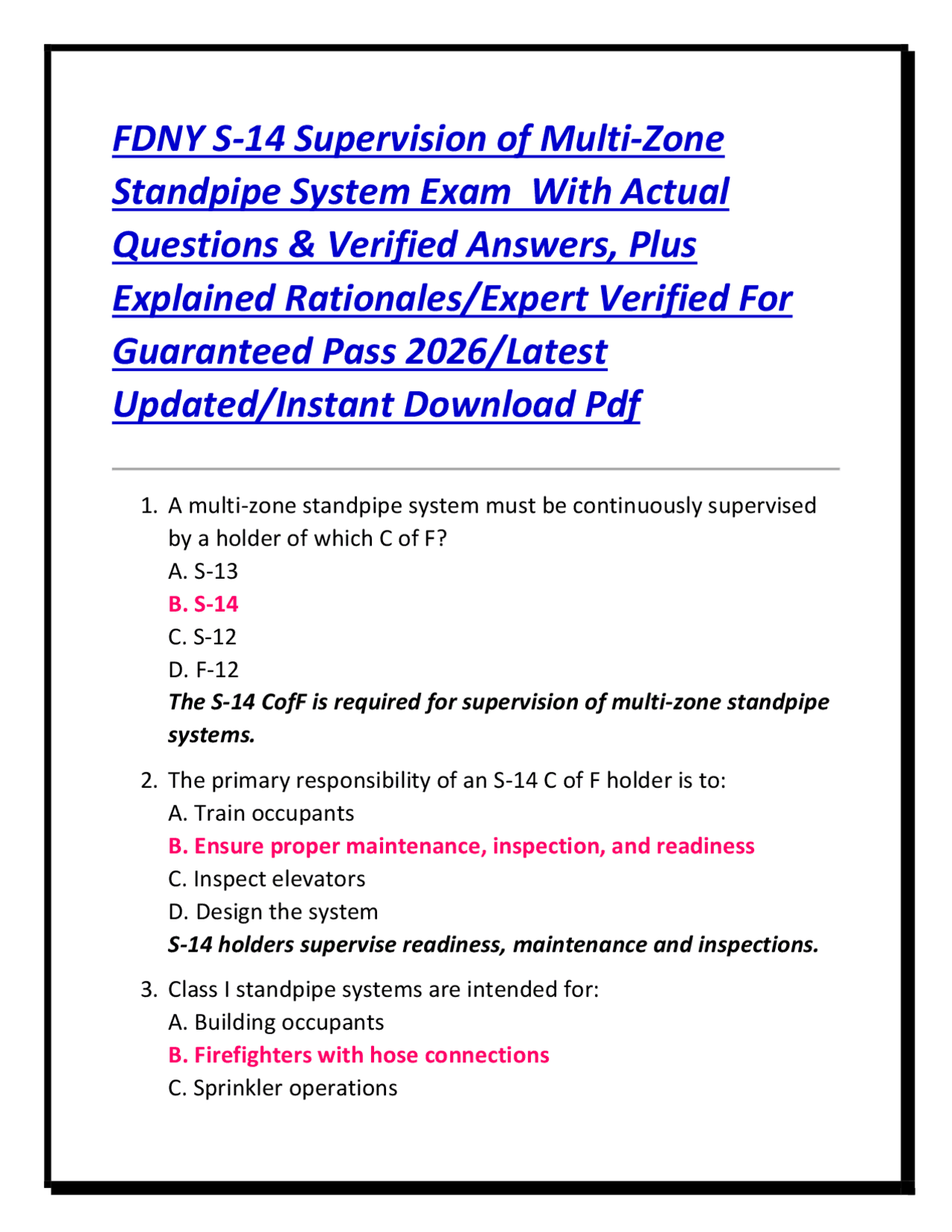FDNY S-14 Supervision of Multi-Zone Standpipe System Exam With Actual ...