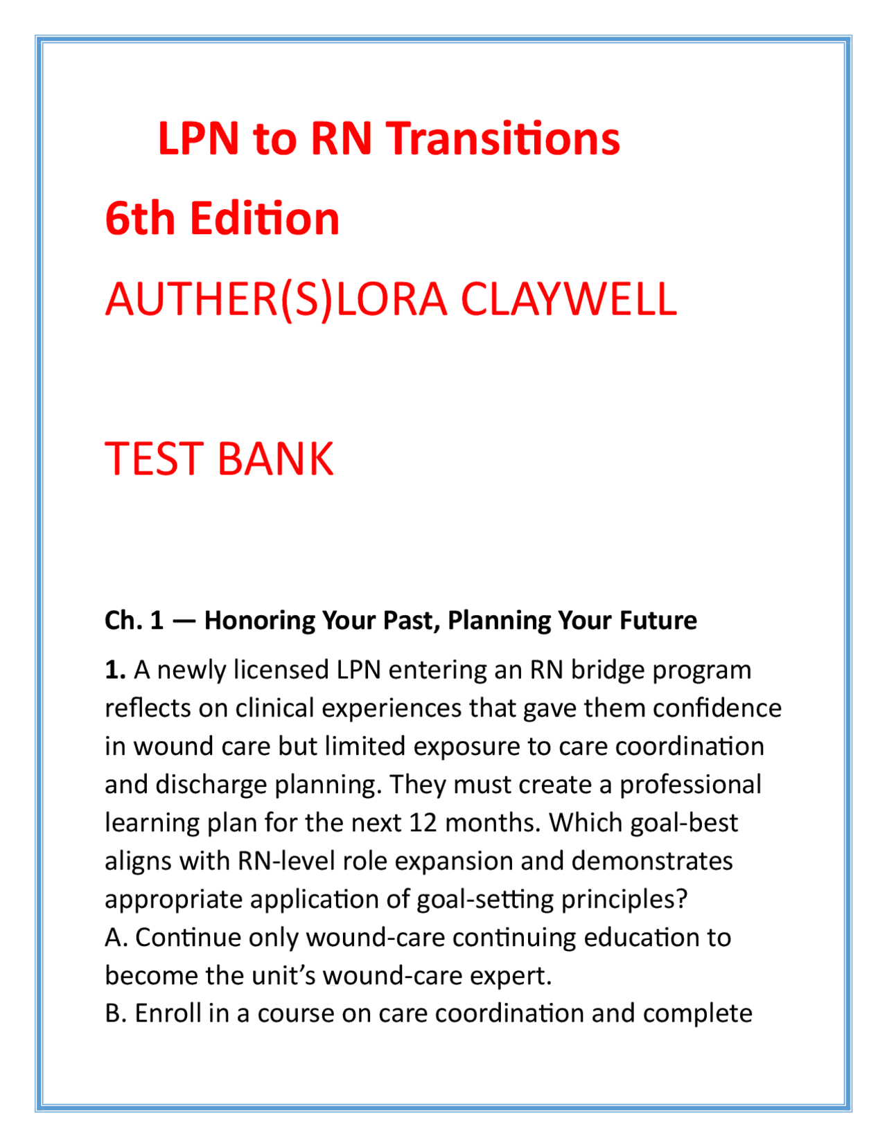 LPN to RN Transitions Test Bank (6th Ed) – Claywell | LPN-RN Bridge ...