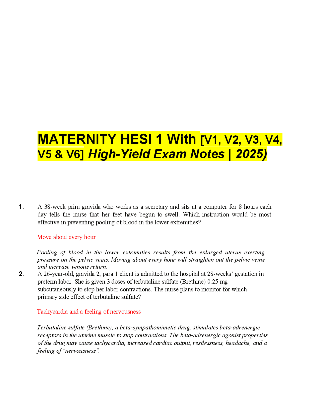 MATERNITY HESI 1 With [V1, V2, V3, V4, V5 & V6] High-Yield Exam Notes ...