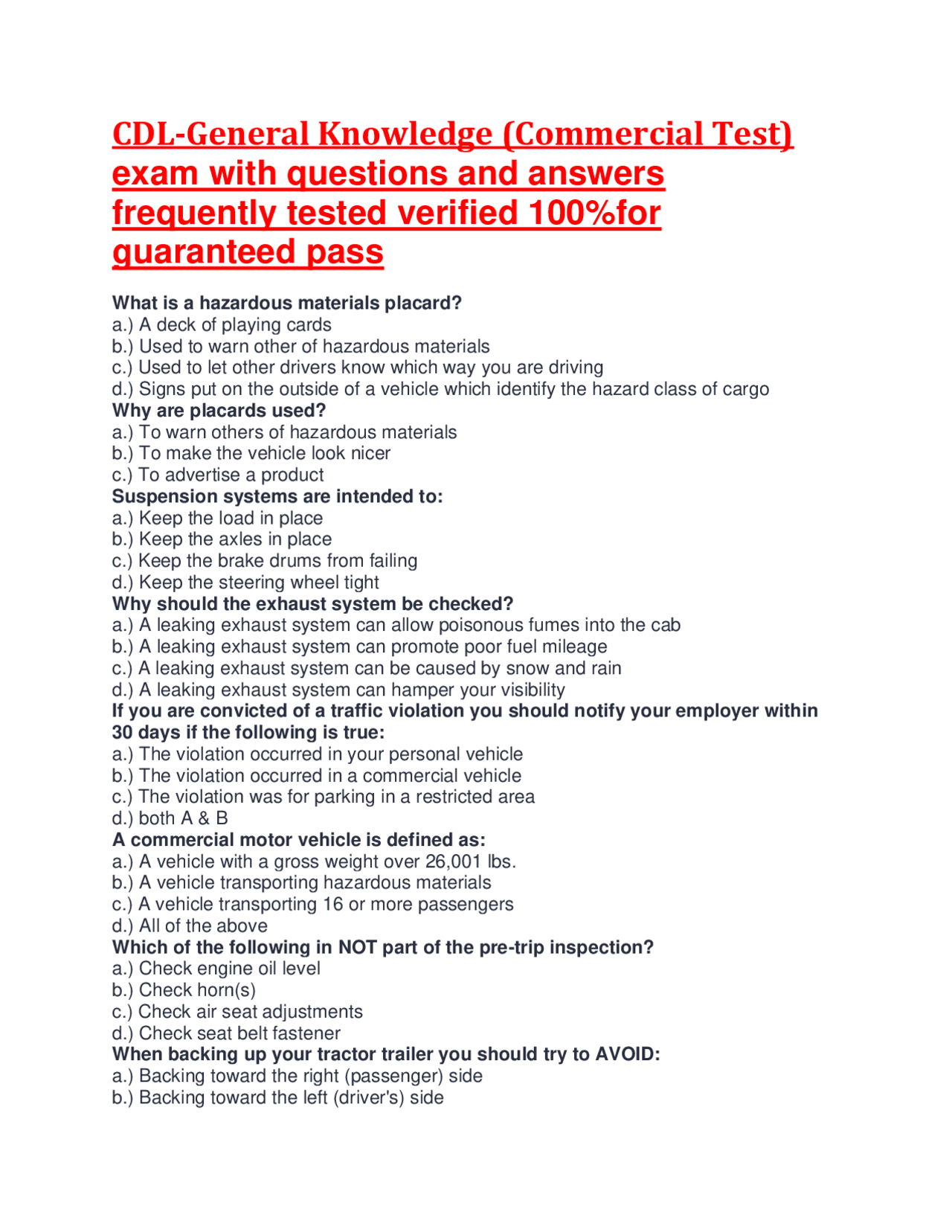 CDL-General Knowledge (Commercial Test) exam with questions and answers ...