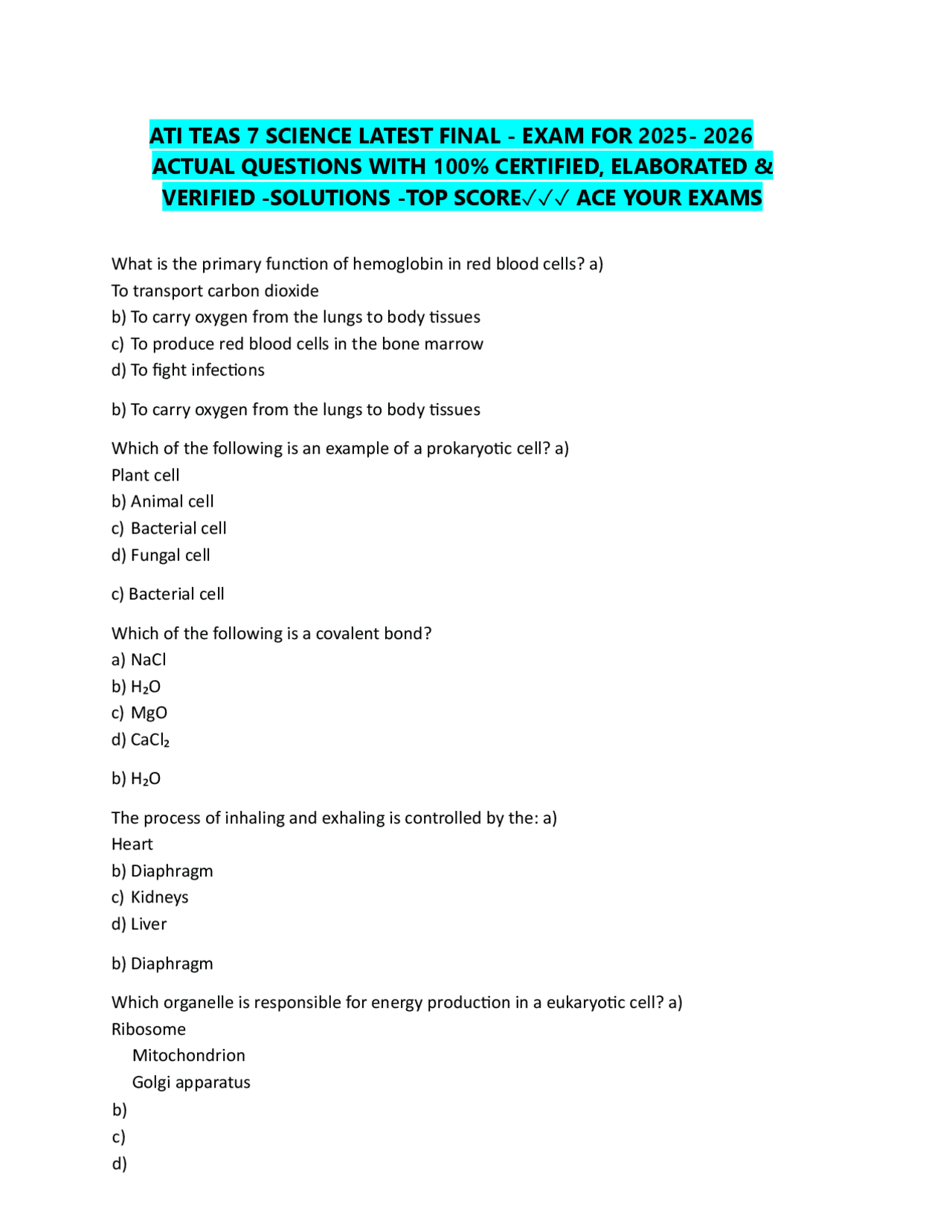 ATI TEAS 7 SCIENCE LATEST FINAL - EXAM FOR 2025- 2026 ACTUAL QUESTIONS ...
