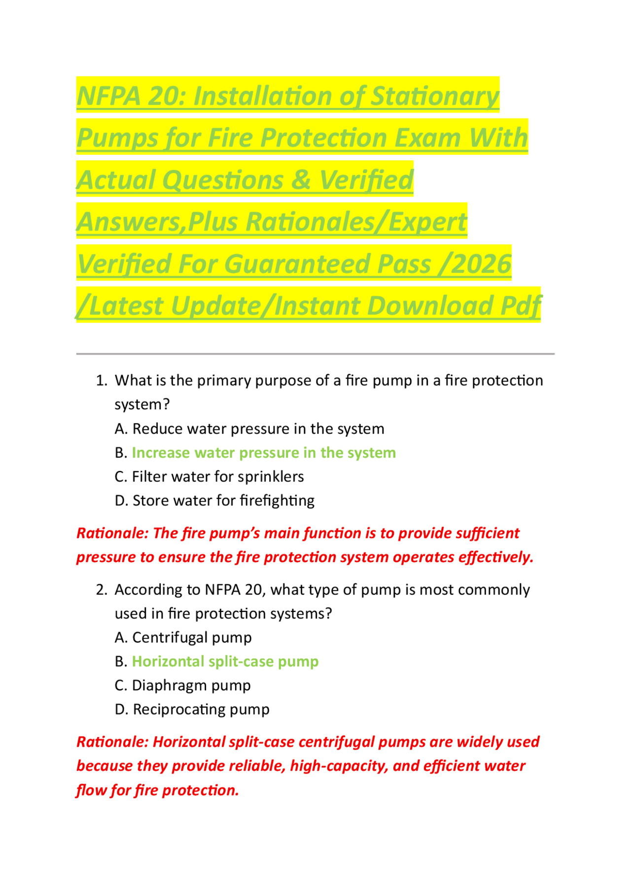 NFPA 20: Installation of Stationary Pumps for Fire Protection Exam With ...