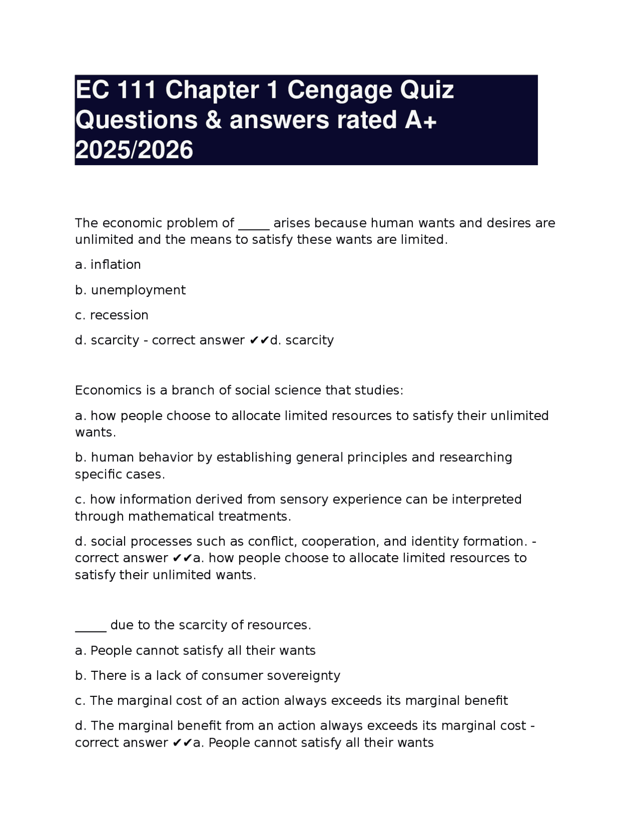 EC 111 Chapter 1 Cengage Quiz Questions & answers rated A+ 2025-2026-15 ...