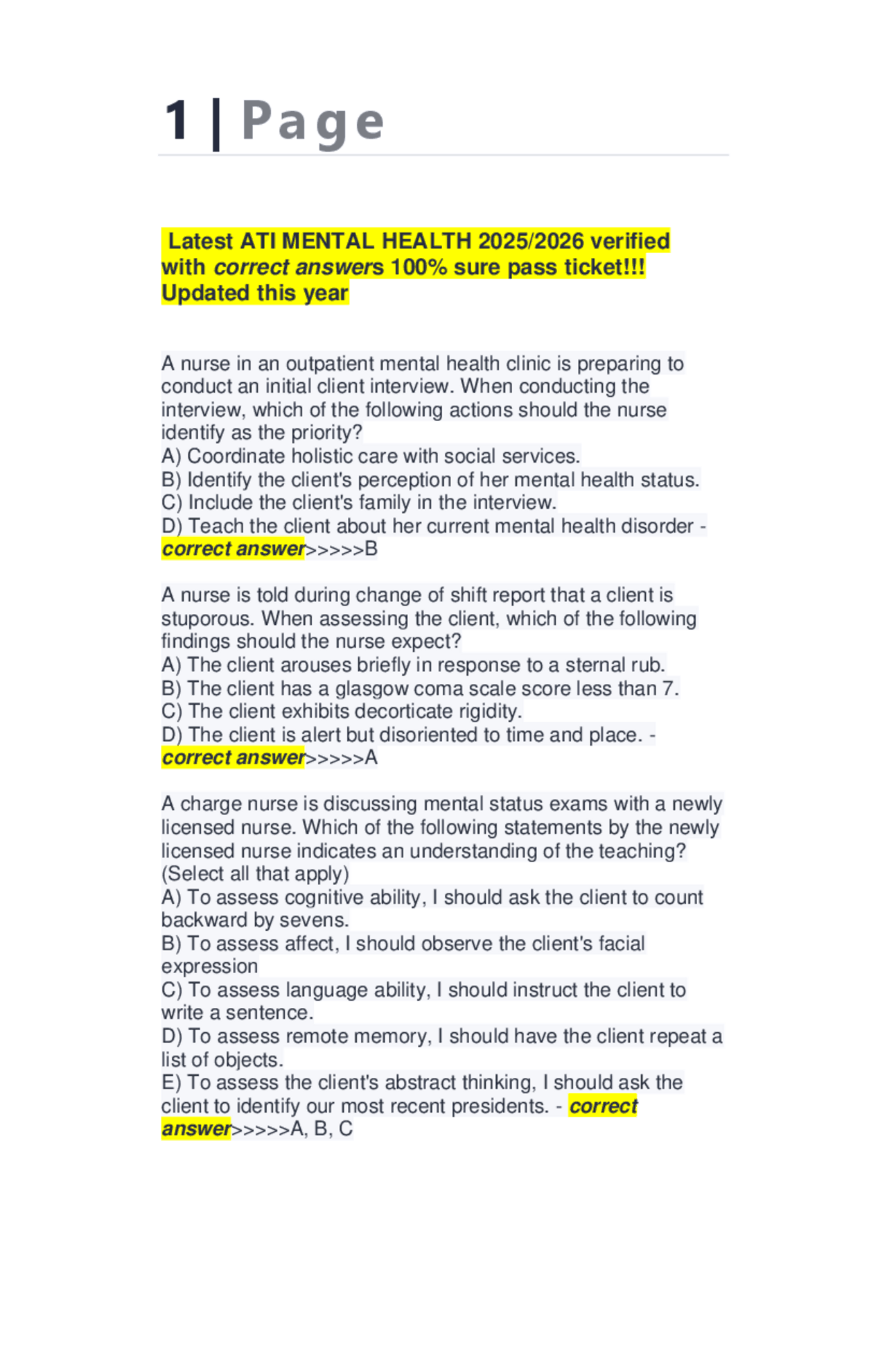 Latest ATI MENTAL HEALTH 2025/2026 verified with correct answers 100% ...