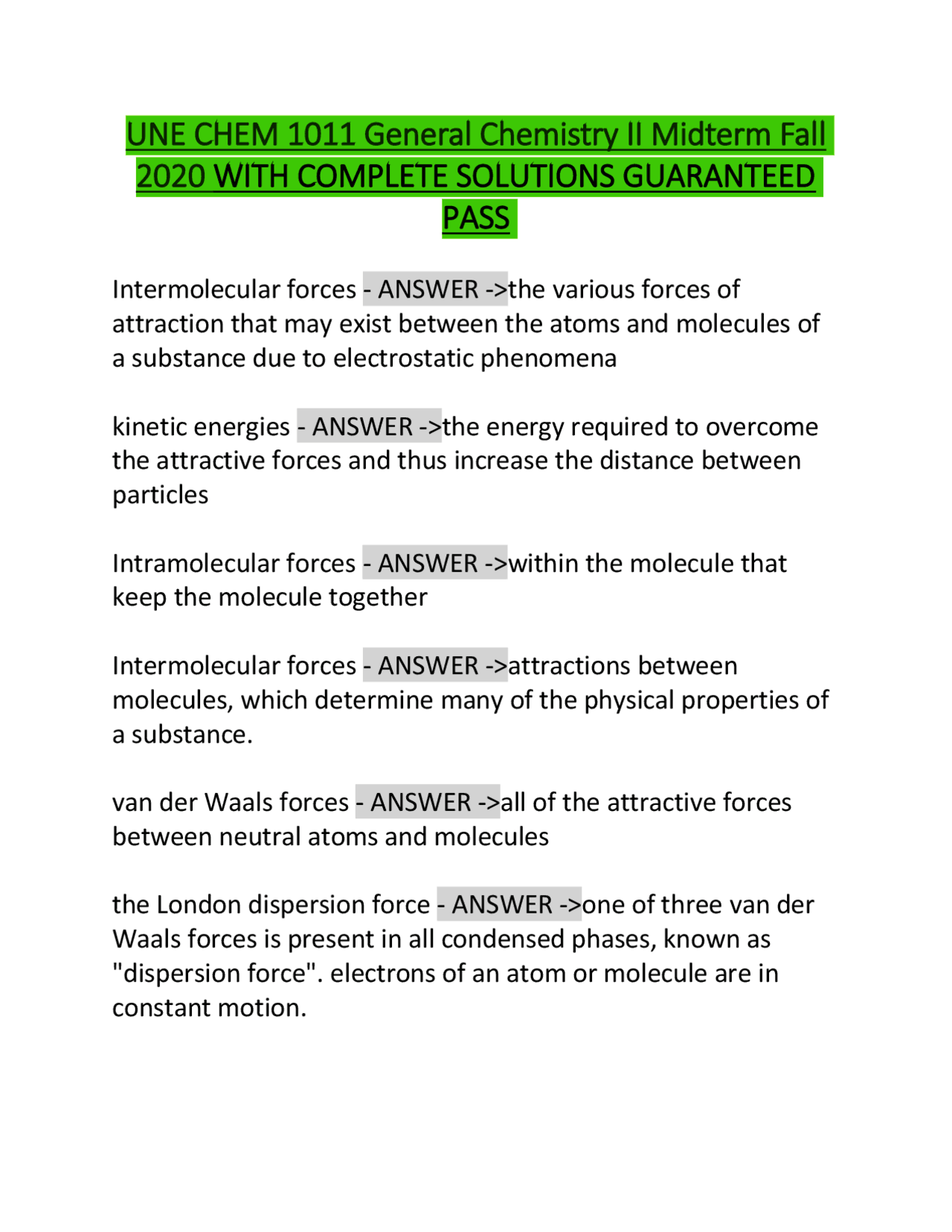 UNE CHEM 1011 General Chemistry II Midterm Fall 2026 WITH COMPLETE ...